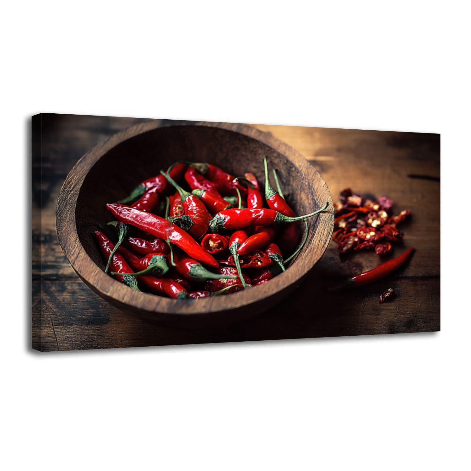 Canvas Wall Art Red chili peppers shot from above rustic wooden table ...