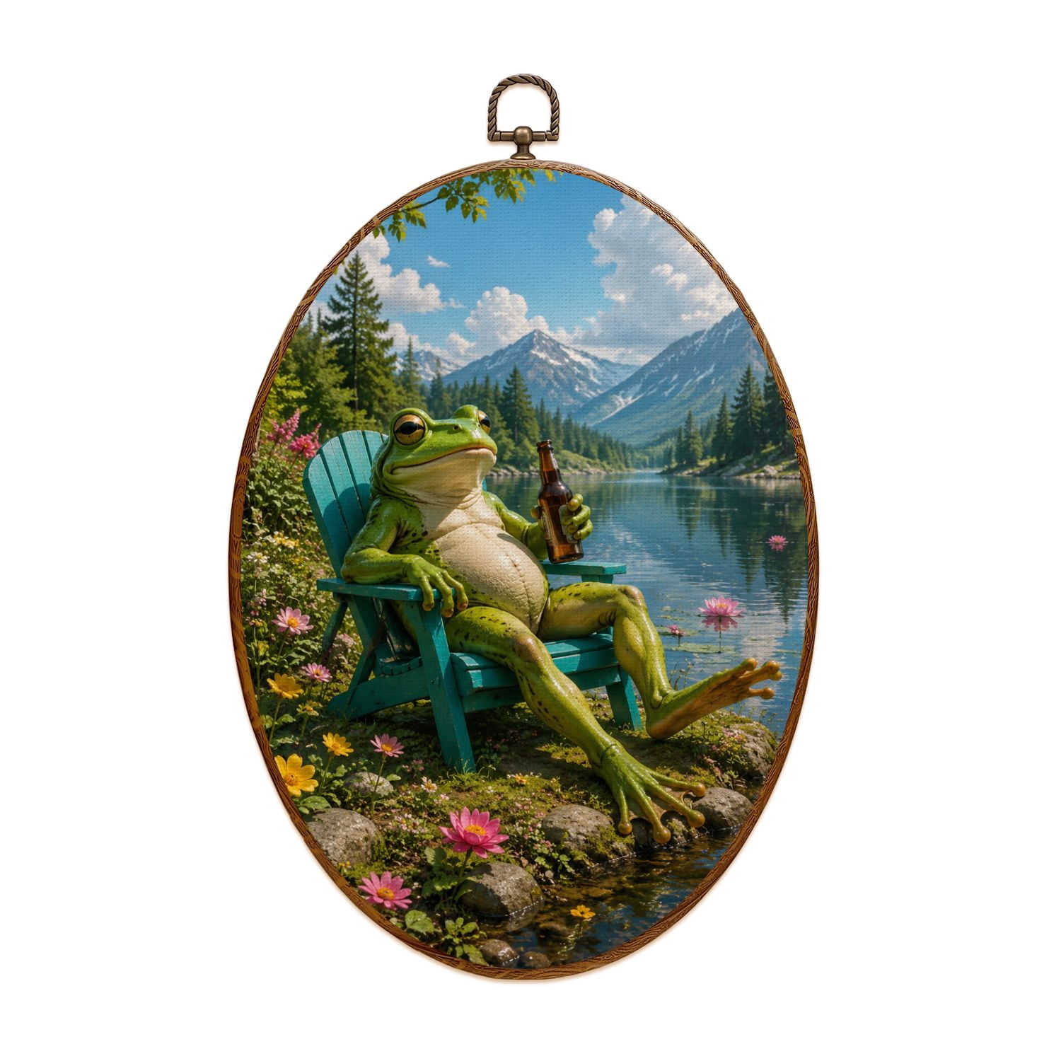 Canvas Wall Art Relaxed Cartoon Frog Sitting Chair Oval Framed Canvas ...