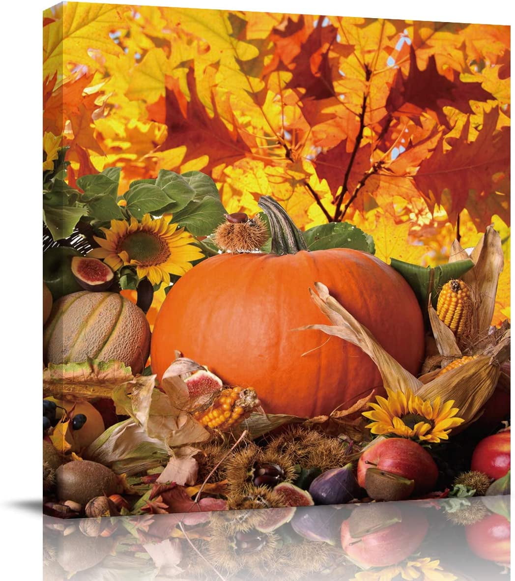 Canvas Wall Art Room Decor Autumn Leaves Happy Thanksgiving Pumpkin ...
