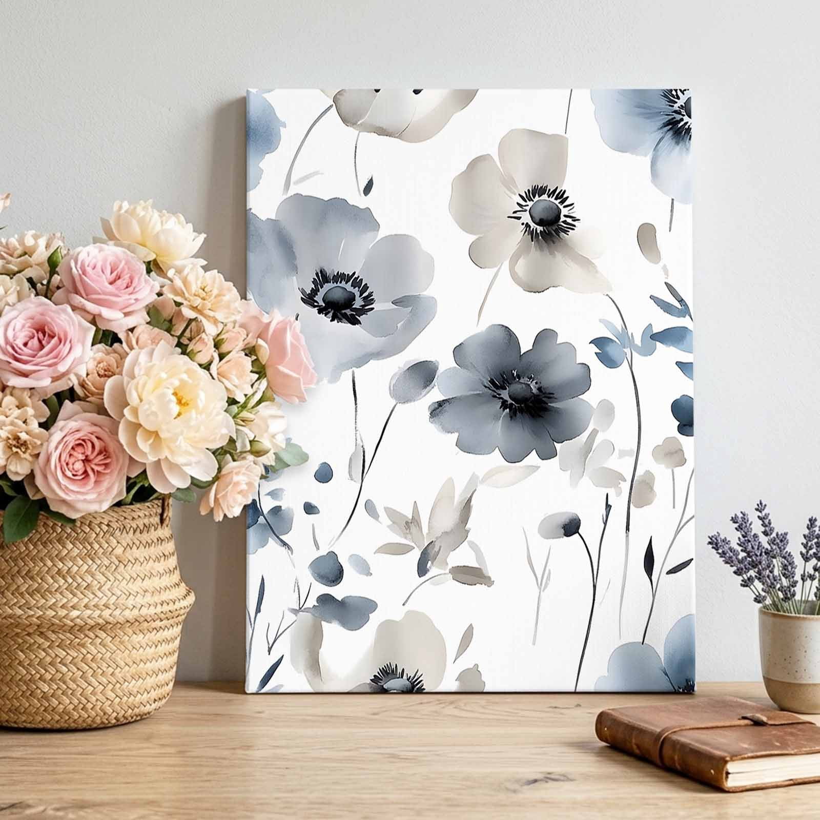 Canvas Wall Art Spring Floral Canvas Art Print Watercolor Grey Blue ...