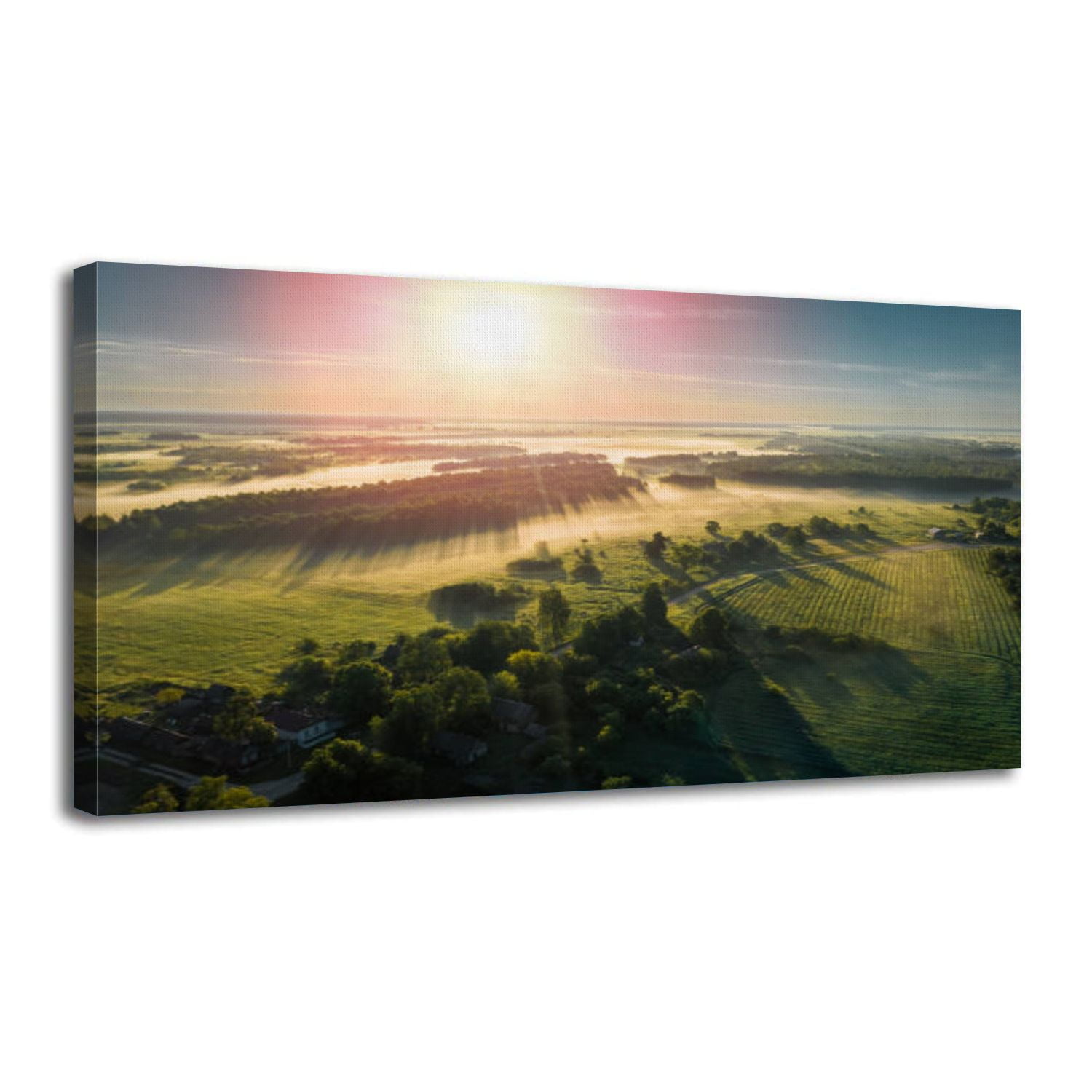 Canvas Wall Art Summer sunrise green fields light fog forests Belarus ...