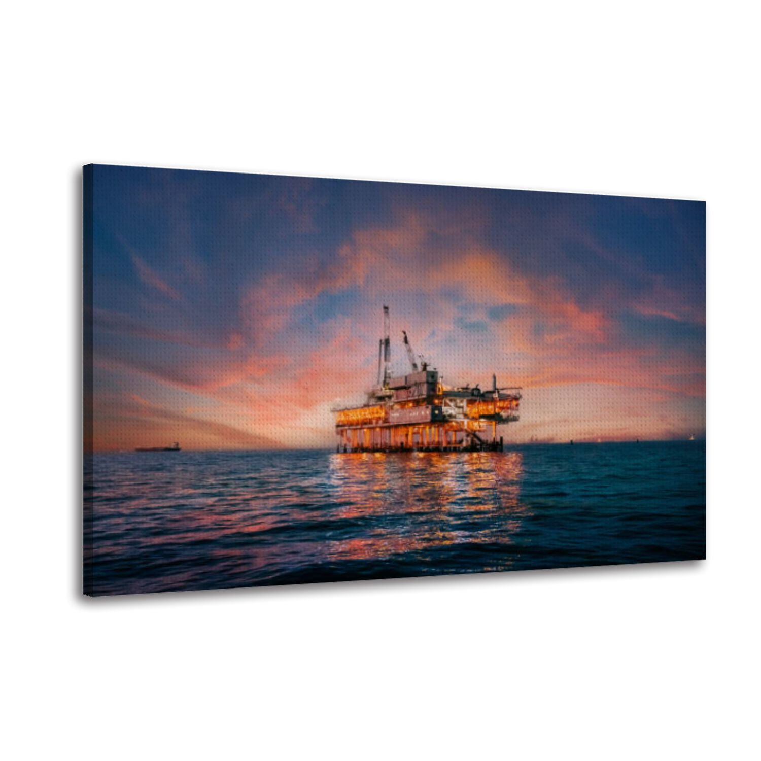 Canvas Wall Art Vibrant Sunset Sky Behind an Oil Drilling Rig off Coast ...