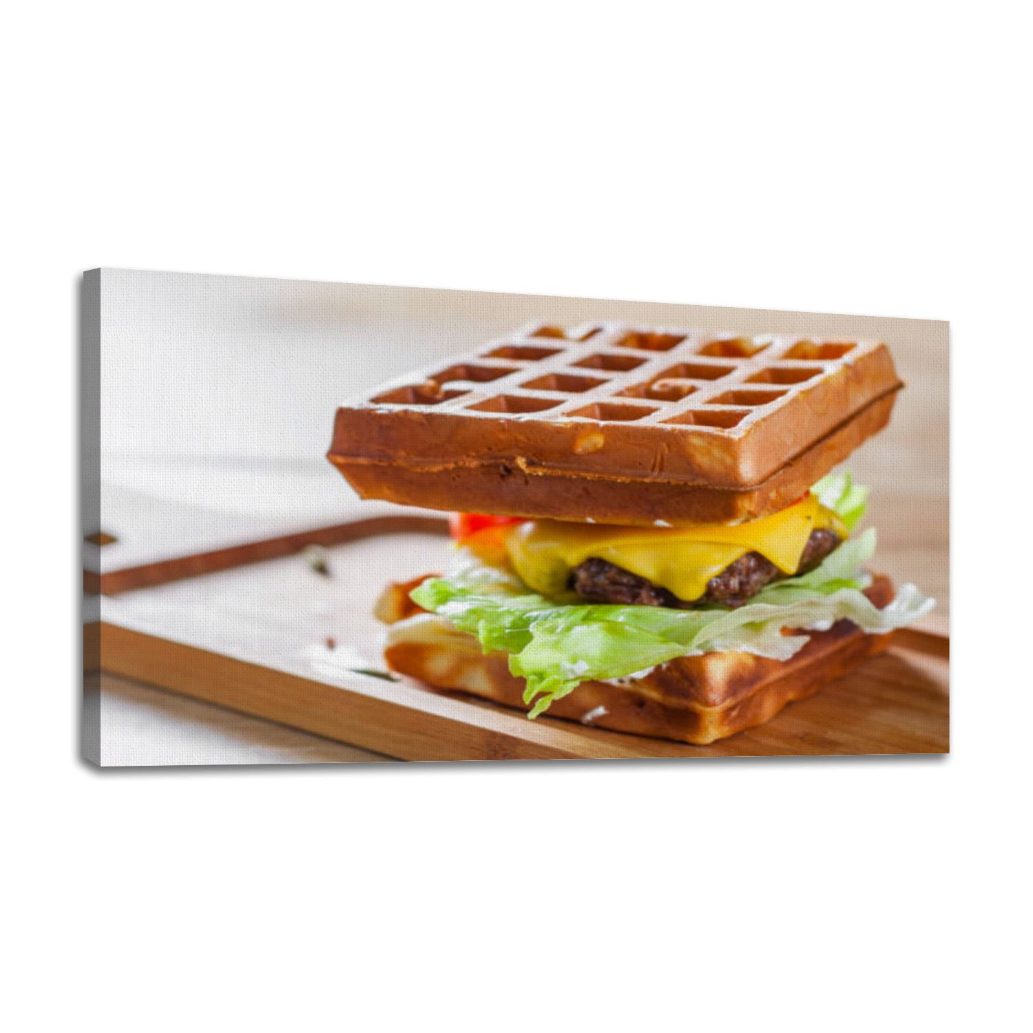 Canvas Wall Art Waffle sandwich meat cheese sauce vegetables wooden ...