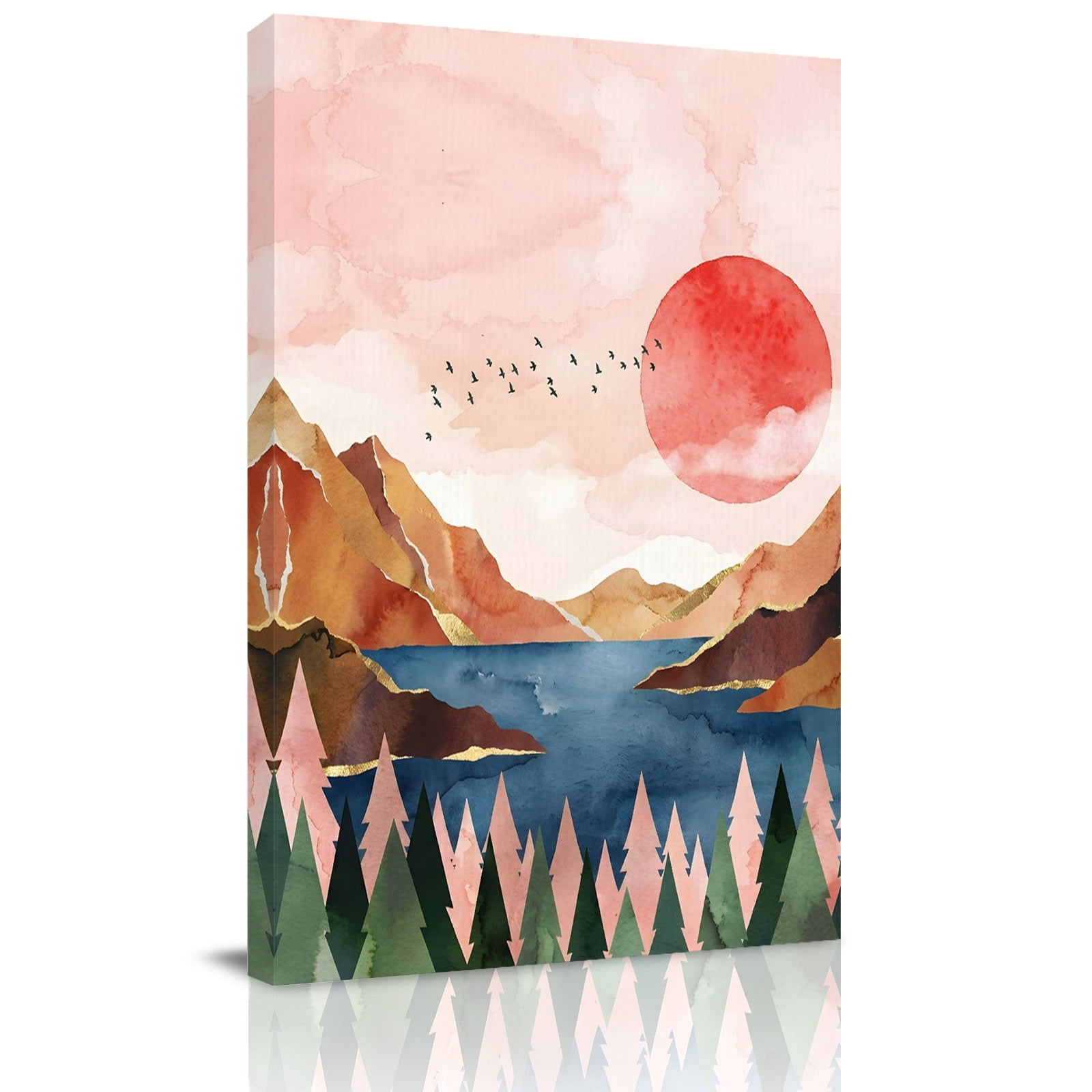 Canvas Wall Art Watercolor Landscape Canvas Art Print Pine Forest Red ...
