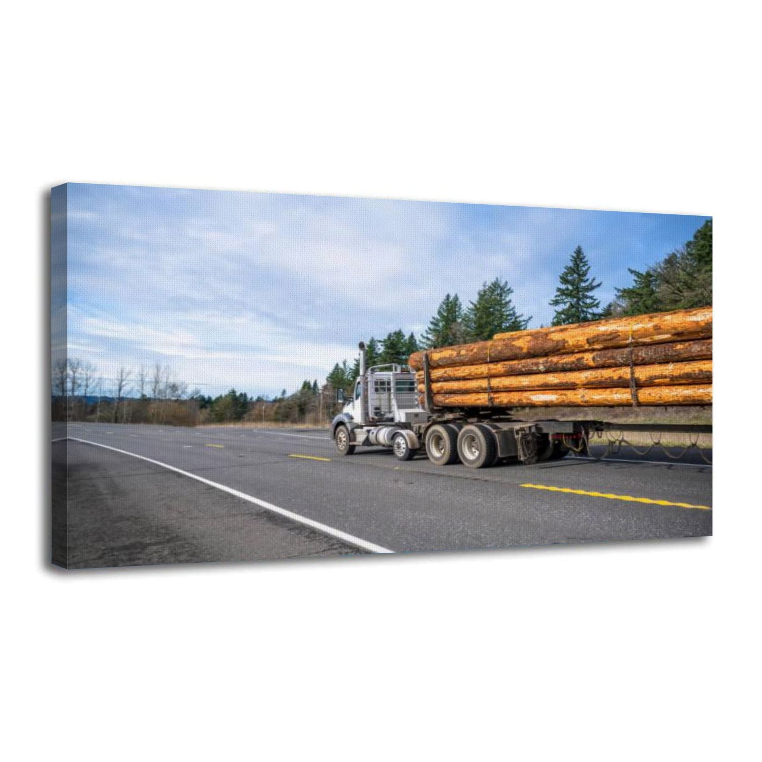 Canvas Wall Art White big rig semi truck day cab transporting wood logs ...
