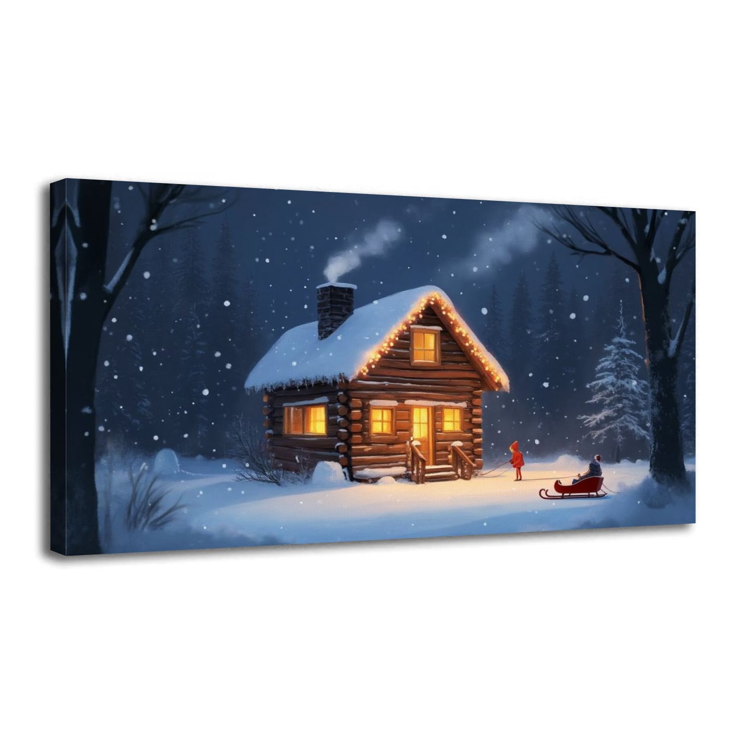 Canvas Wall Art Winter Snowy Cabin Forest Farmhouse Rustic Holiday Log ...