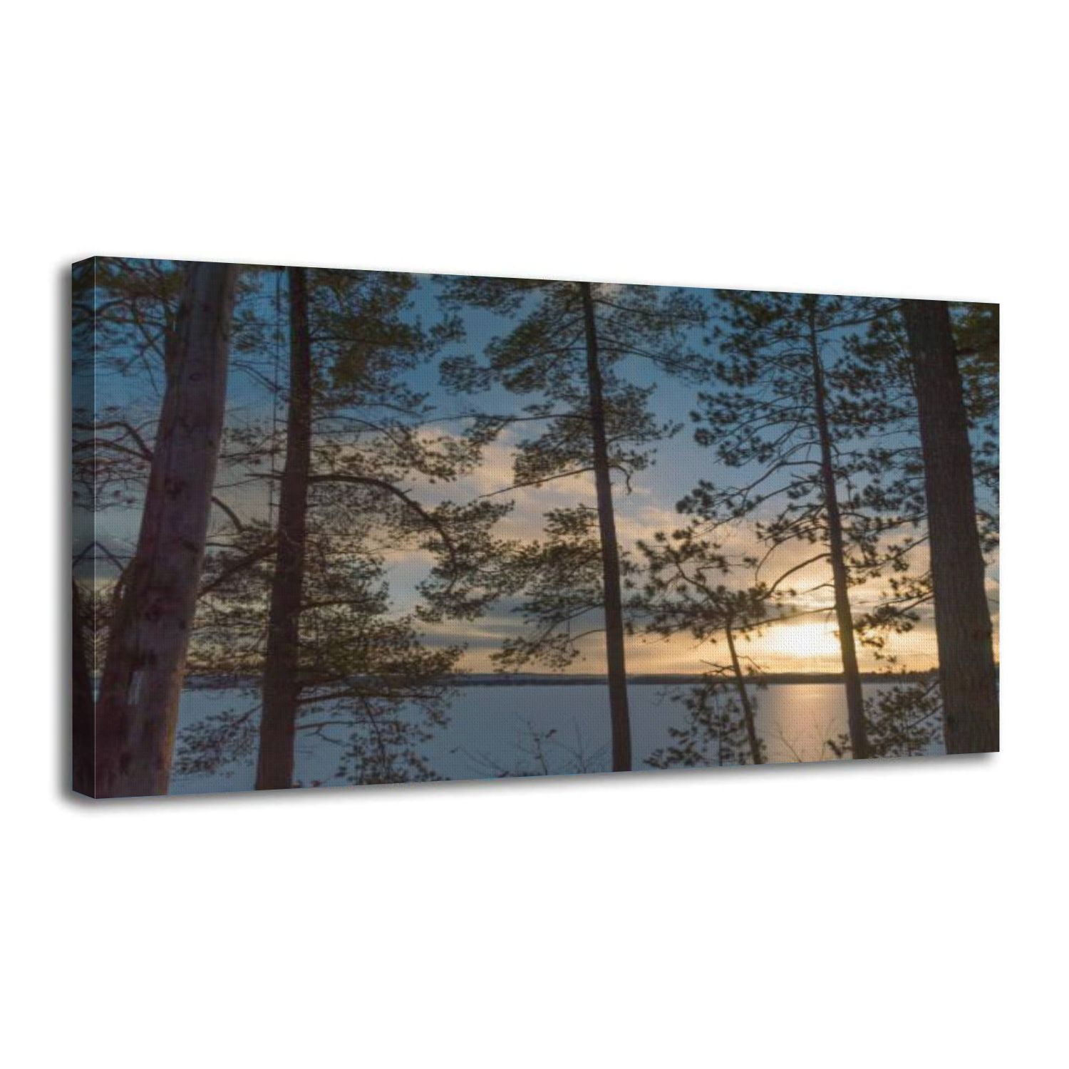 Canvas Wall Art Winter sunset pine trees lake Wall Decor for Living Room Bathroom Bedroom Office ...