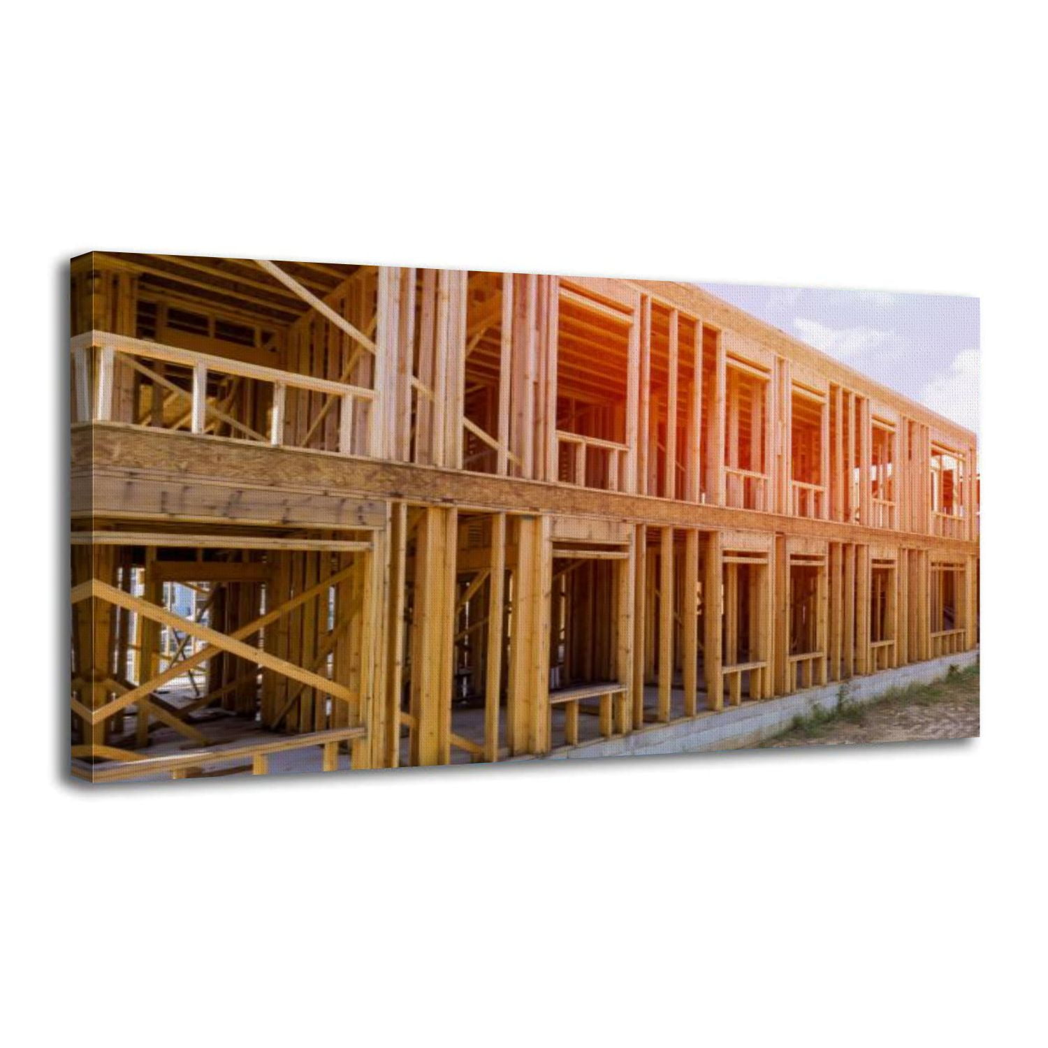 Canvas Wall Art Wood Building frame Multi Family Housing Construction Wall Decor for Living Room ...