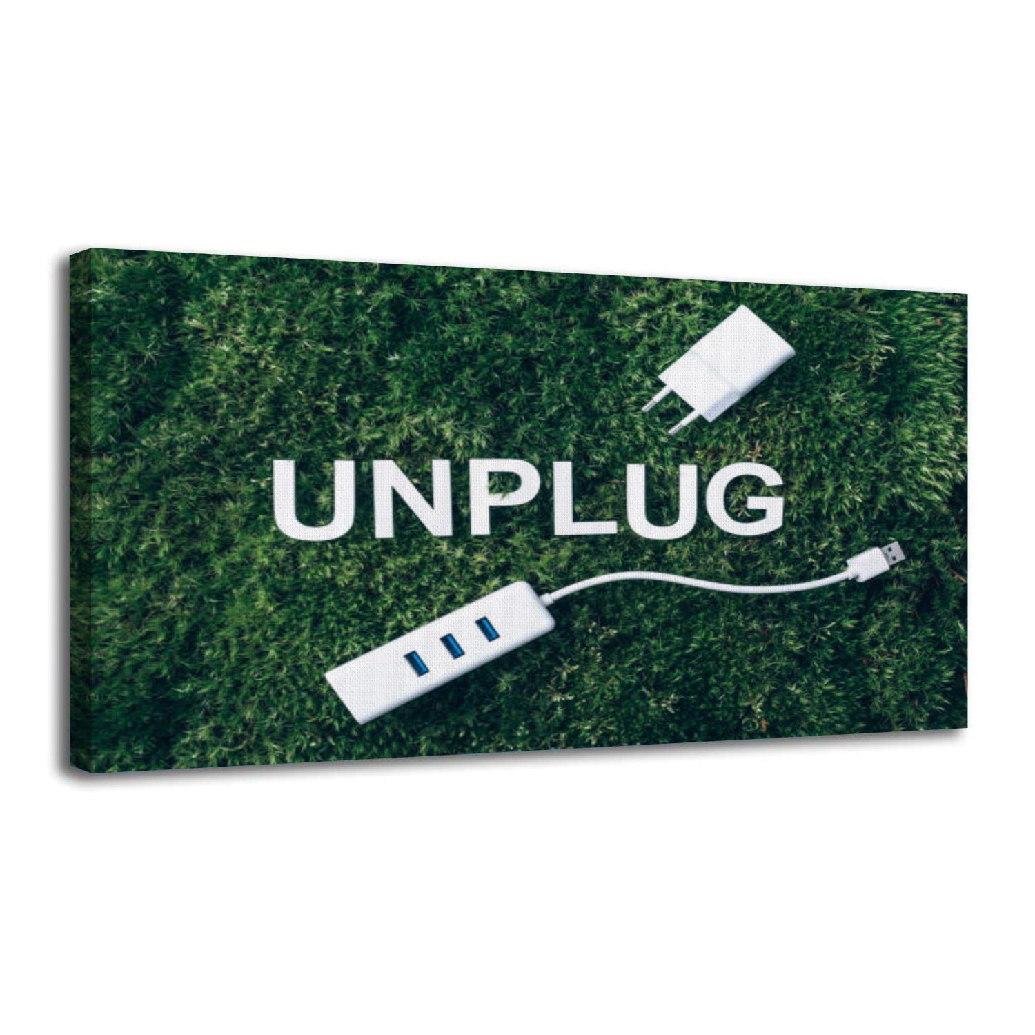 Canvas Wall Art Word Unplug white internet usb adapter moss green grass ...
