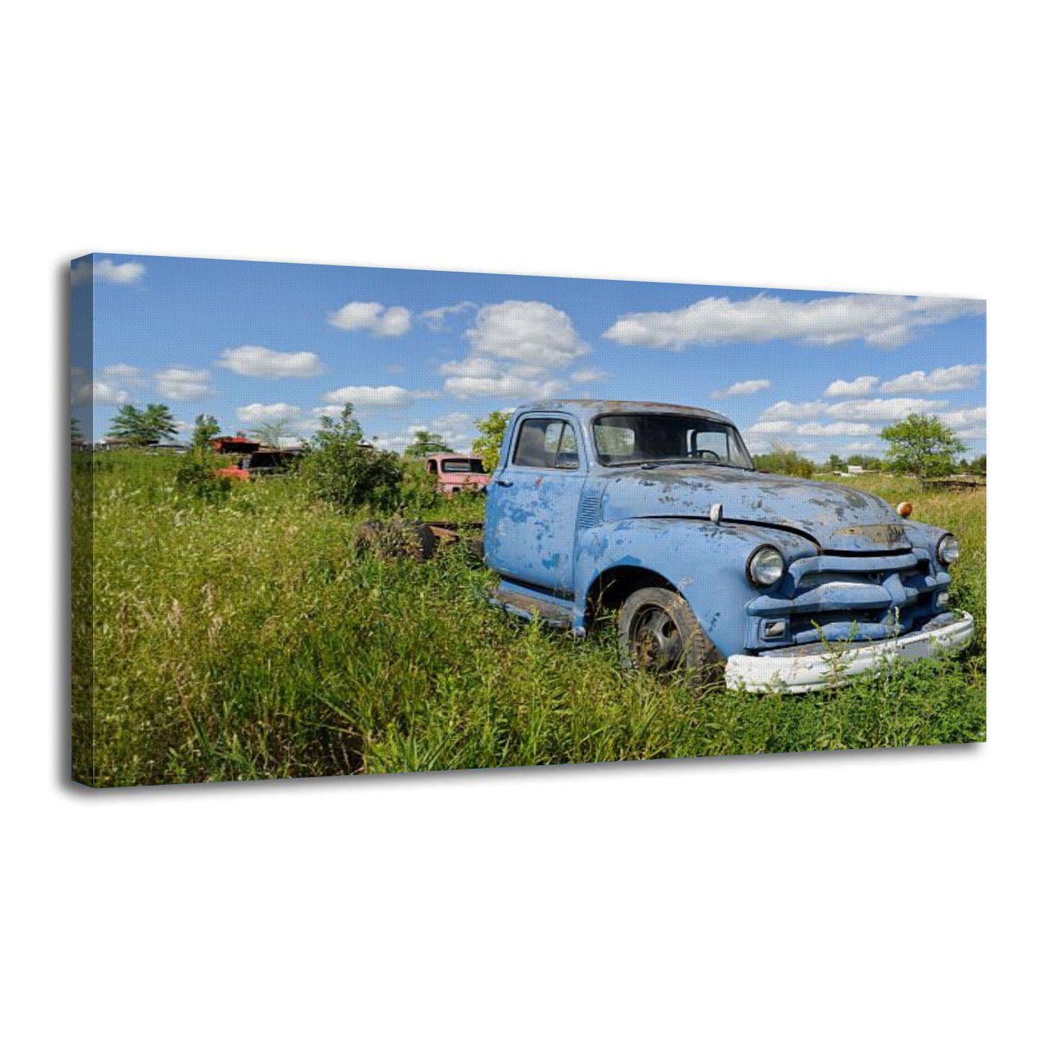 Canvas Wall Art blue pickup truck junkyard under summer skies old truck fields Wall Decor for ...