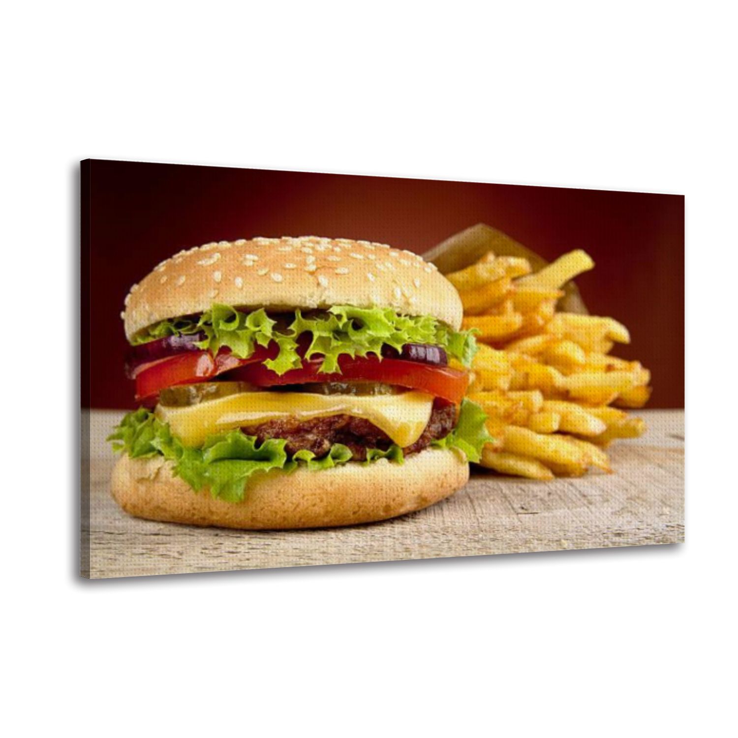 Canvas Wall Art cheeseburger french fries red spotlight wooden table ...