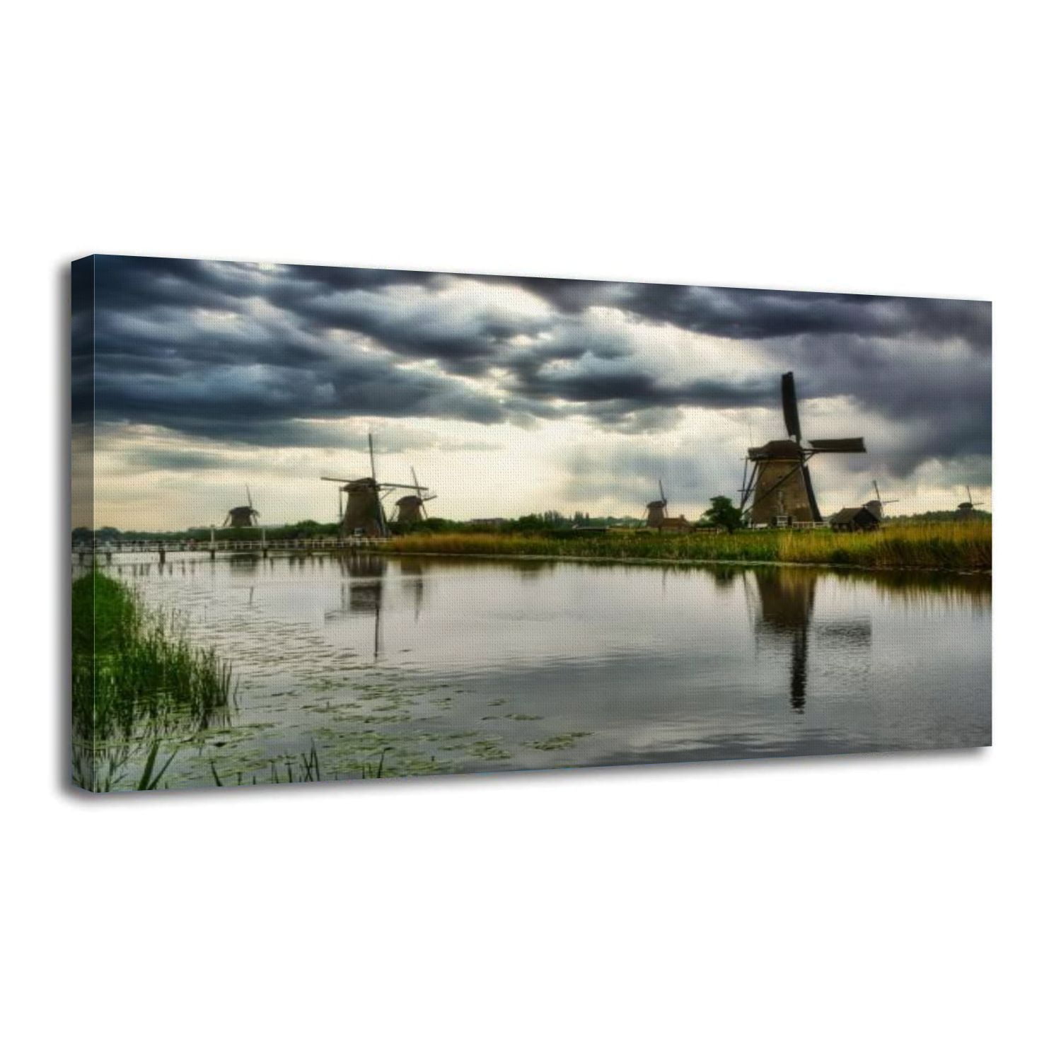 Canvas Wall Art fantastic view windmills holland traditional windmill ...