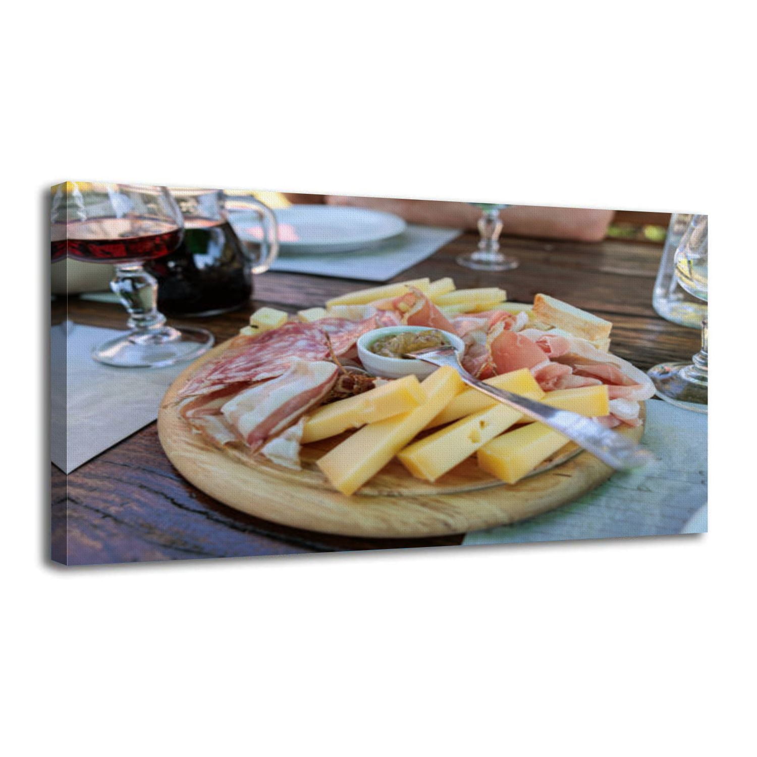 Canvas Wall Art wooden plate full delicious cheeses cured meats slices ...