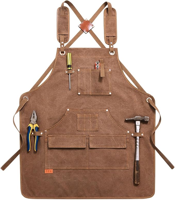 Canvas Work Apron with Large Pockets Cross Back Adjustable Strap Heavy ...