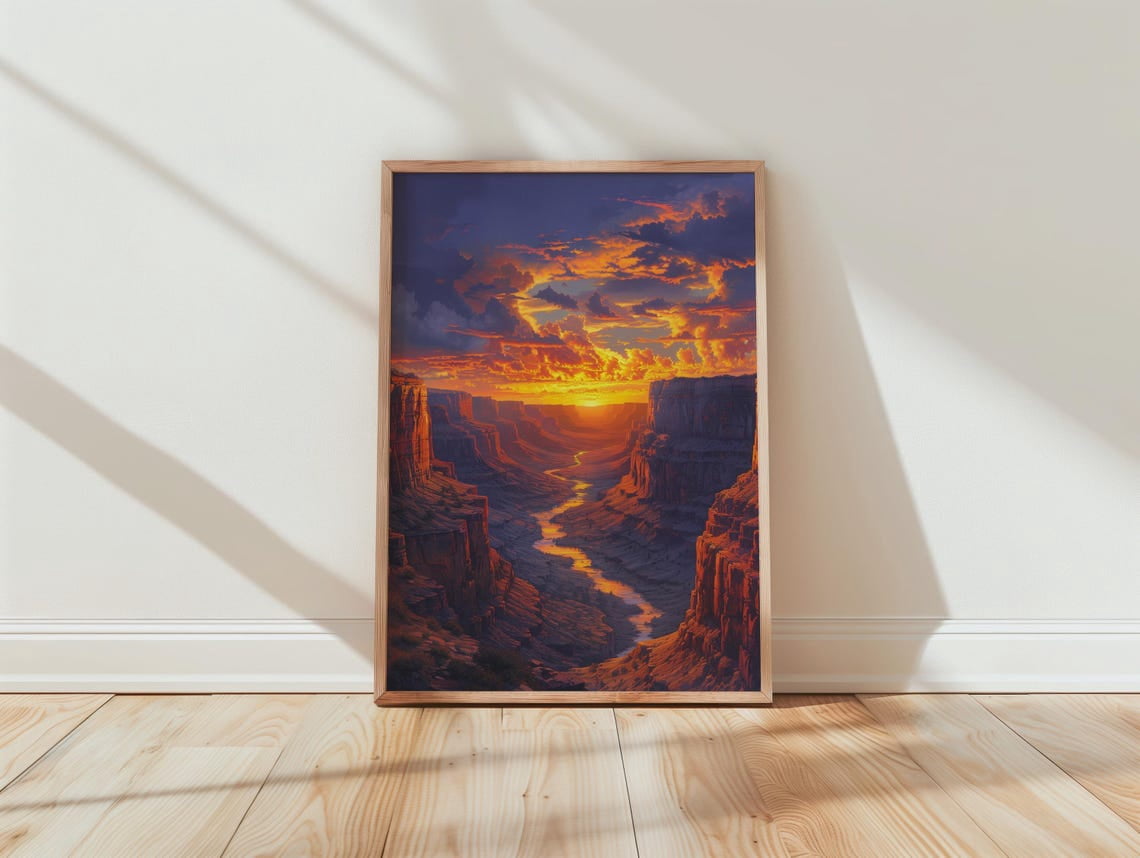 Canyon Sunset River Wall Art Orange Purple Landscape Decor Poster ...