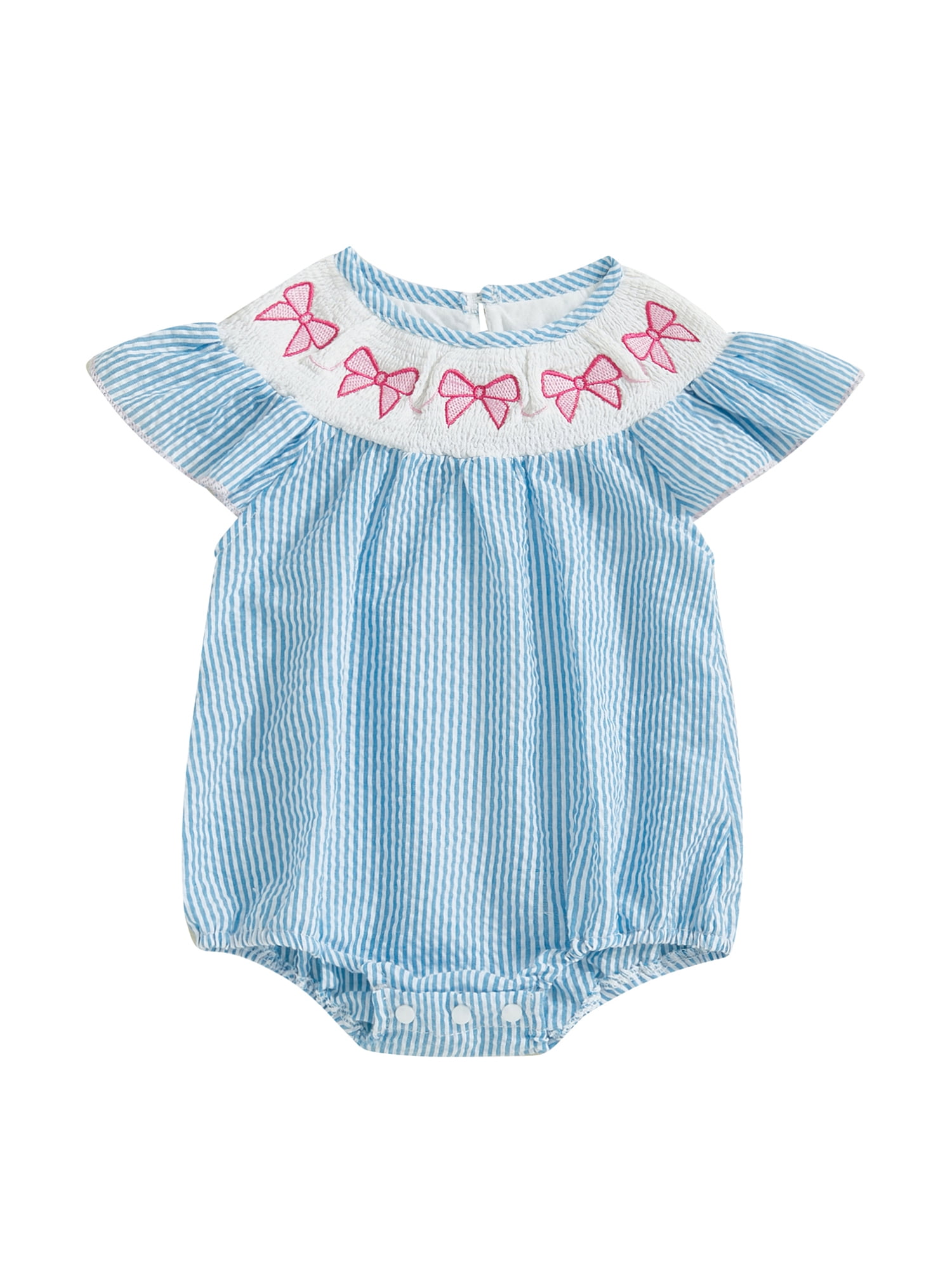 Caoirhny 0-18M Baby Girls Smocked Bubble Romper, Fly Sleeve Crew Neck Striped Embroidery Bow ...
