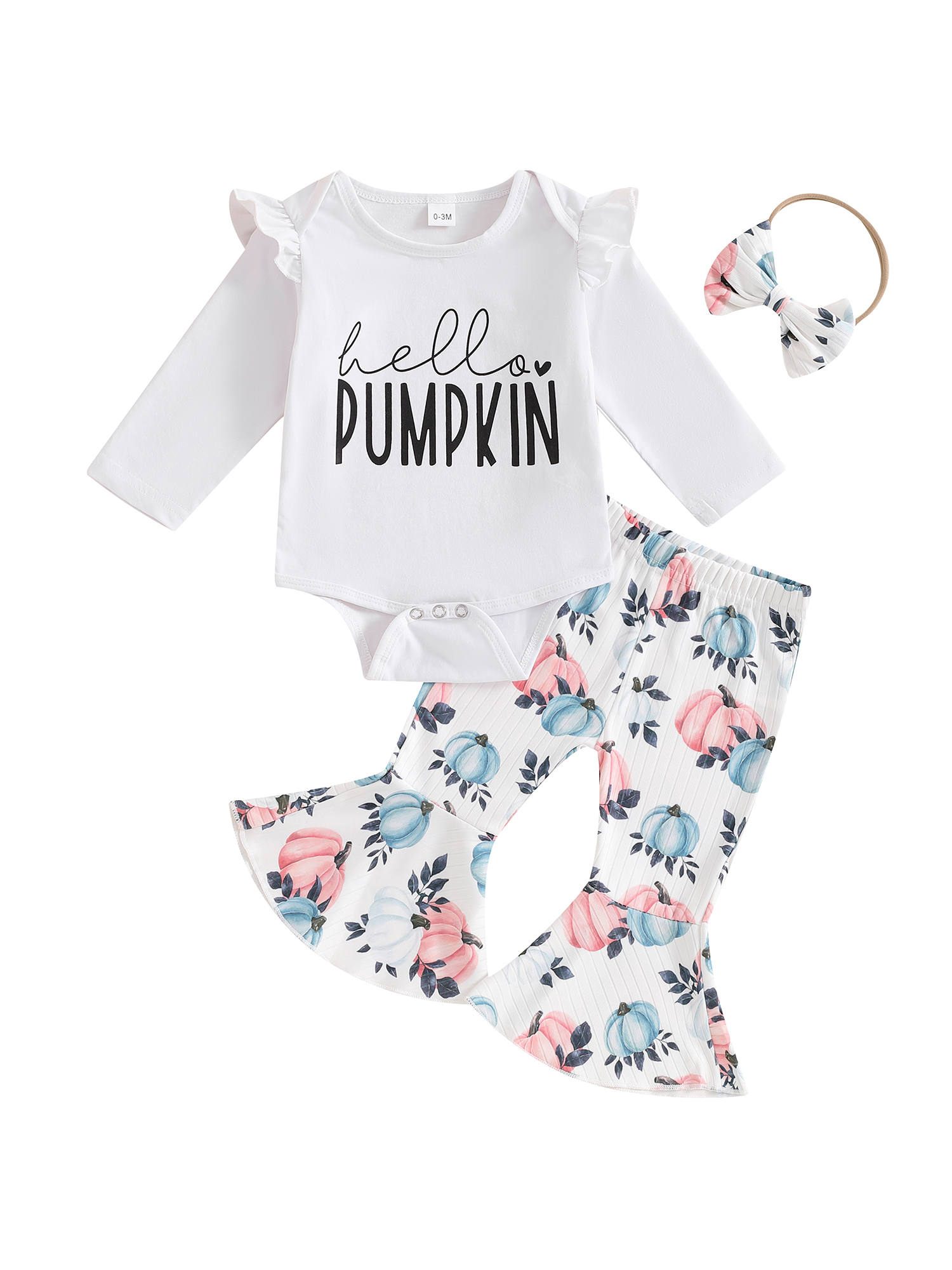 Caoirhny Baby Girl Halloween Outfit, Letter Print Long Sleeve Romper Pumpkin Flare Pants Bow ...