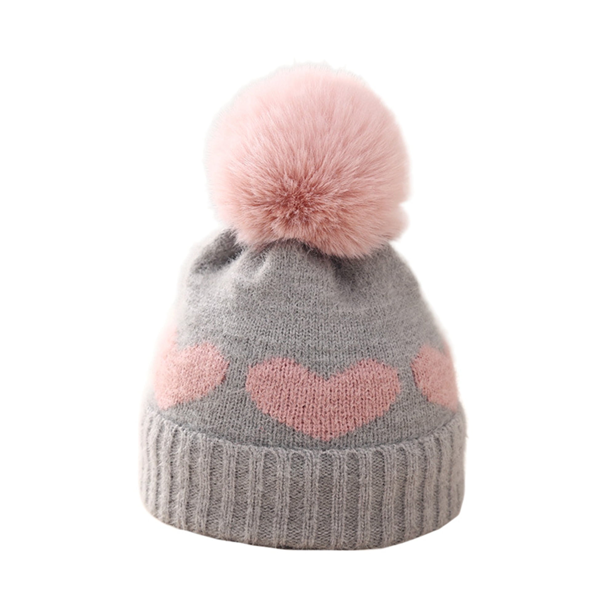 Caoirhny Baby Girl Winter Hat Cute Heart Pattern Plush Pom Knit Beanie ...