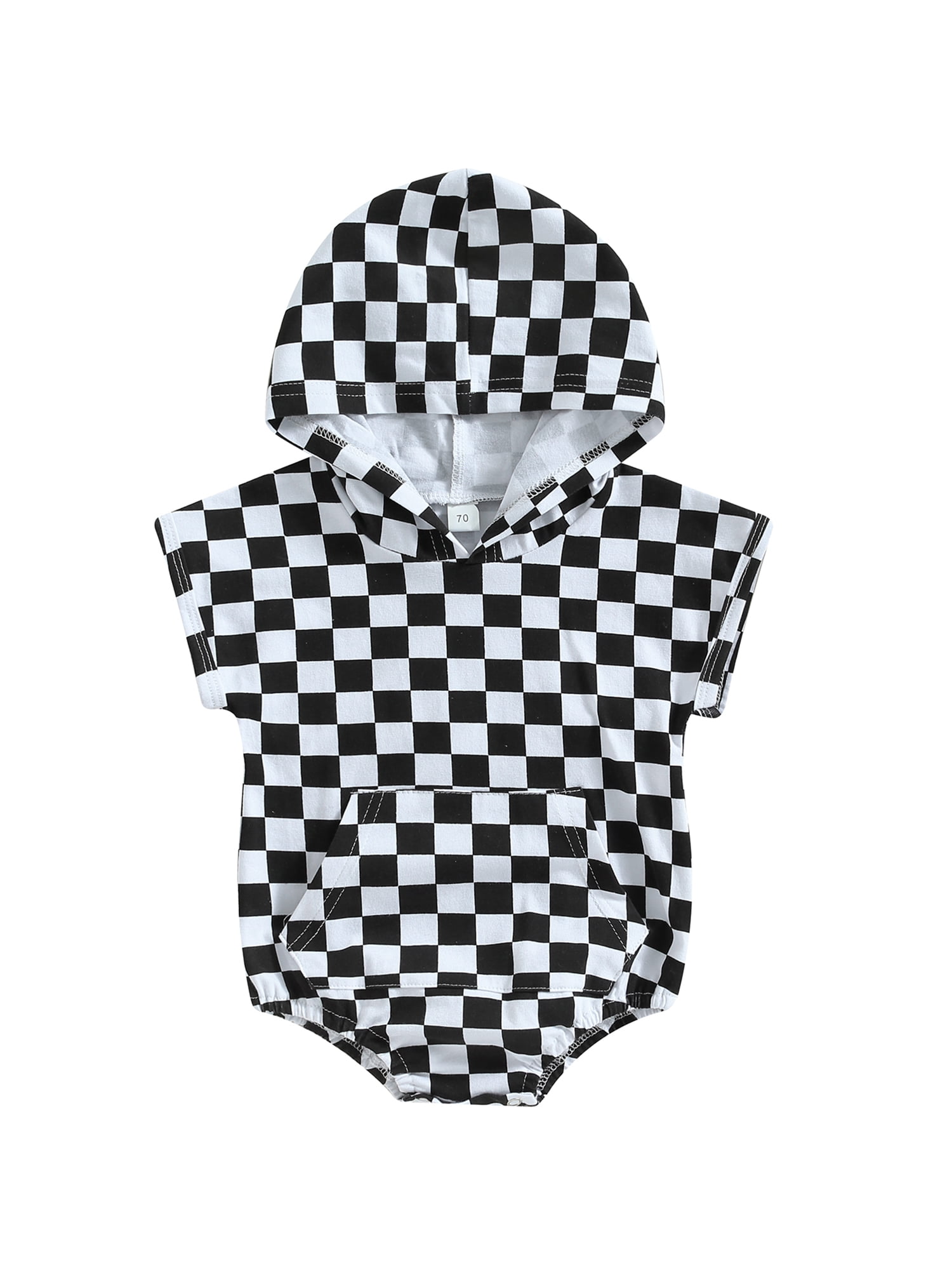 Caoirhny Baby Romper Checkerboard Print Short Sleeve Hooded Bottom Snap ...