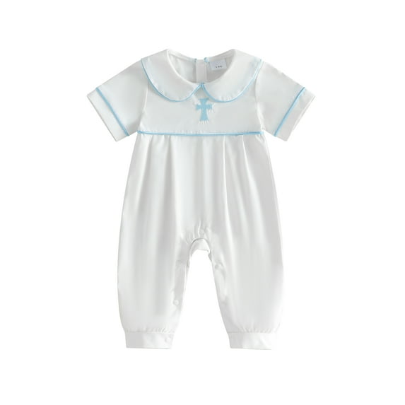 Caoirhny Infant Baby Easter Jumpsuit Blue Trim Cross Embroidery Short ...