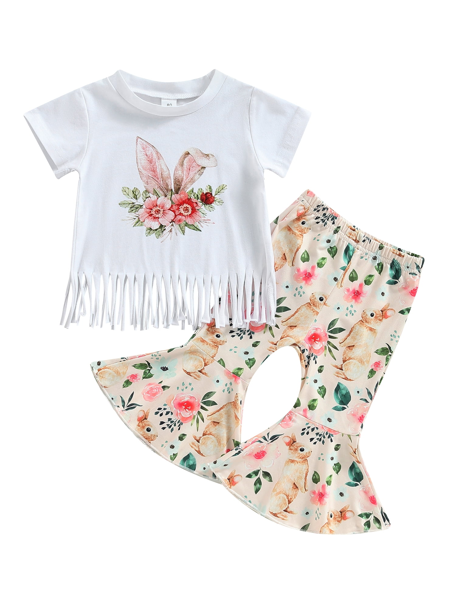 Caoirhny Kid Girls Pants Set, Short Sleeve Crew Neck Flower Print T ...