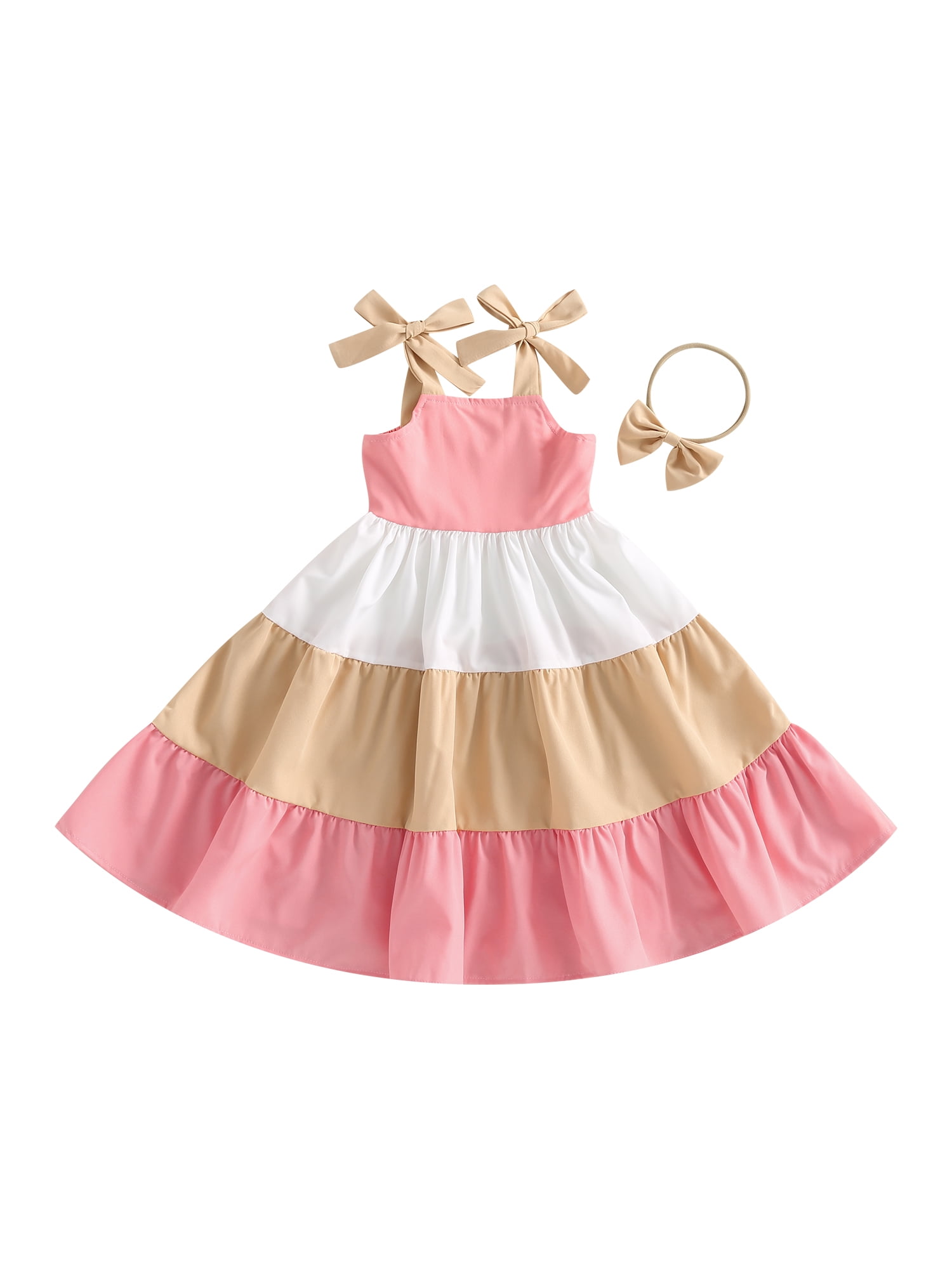 Caoirhny Kids Girls Princess Dress Contrast Color Tie-Up Shoulder ...