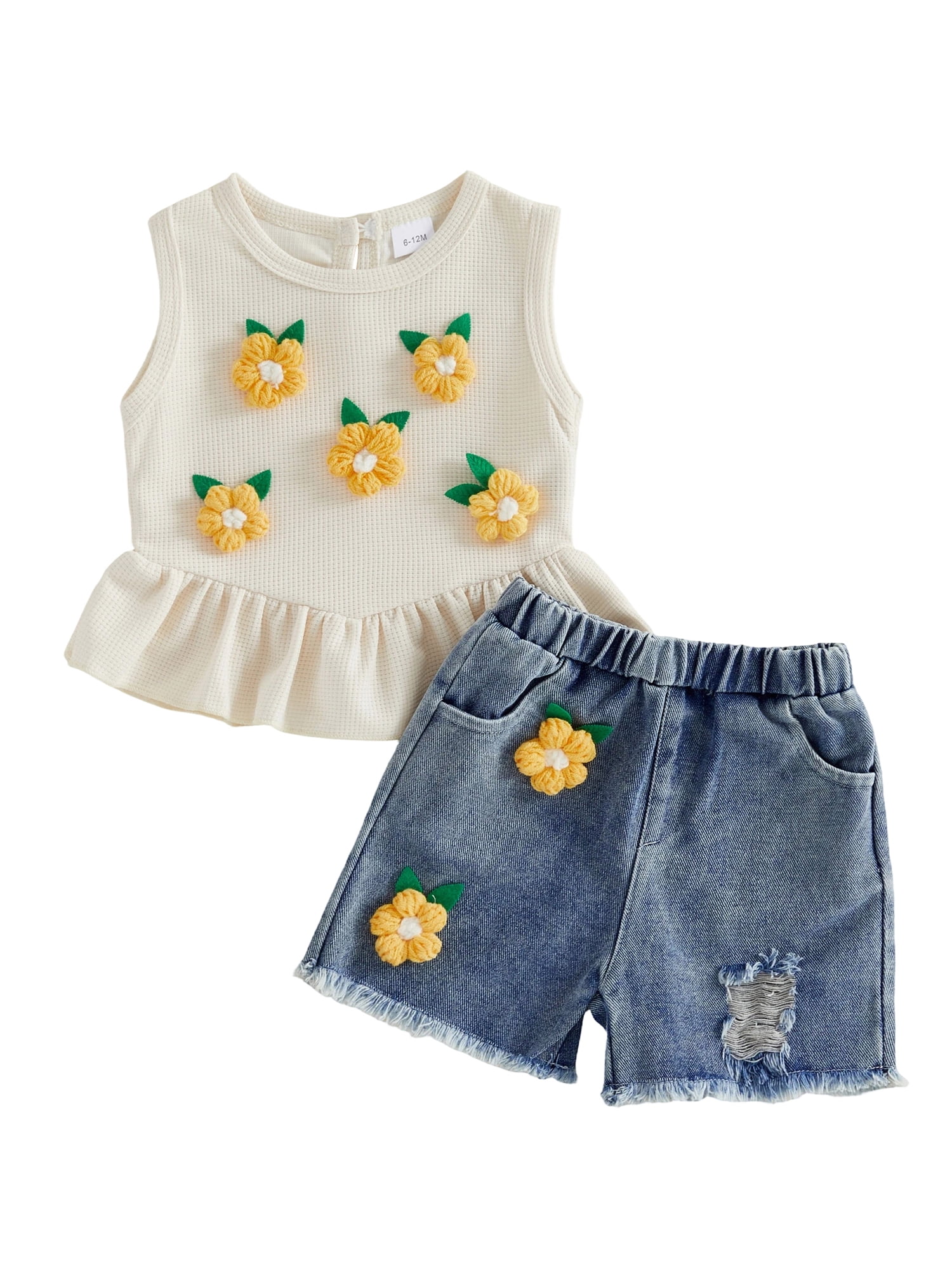 Caoirhny Little Girls 2 Piece Outfits Cute Flower Applique Sleeveless ...