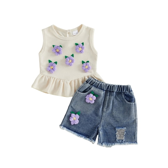 Caoirhny Little Girls 2 Piece Outfits Cute Flower Applique Sleeveless ...