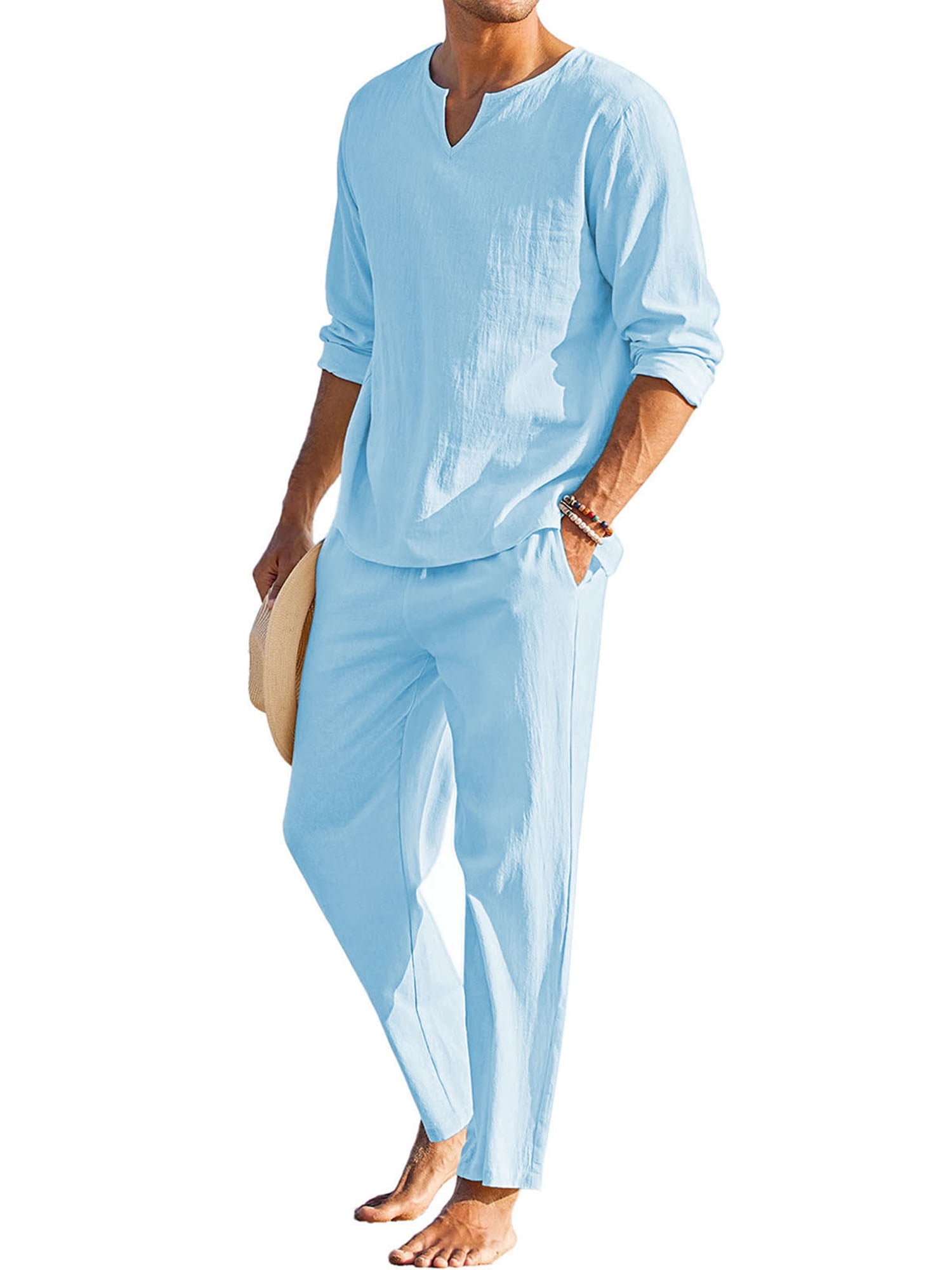 Caoirhny Men's Summer Cotton Linen Clothes Solid Color Long Sleeve ...