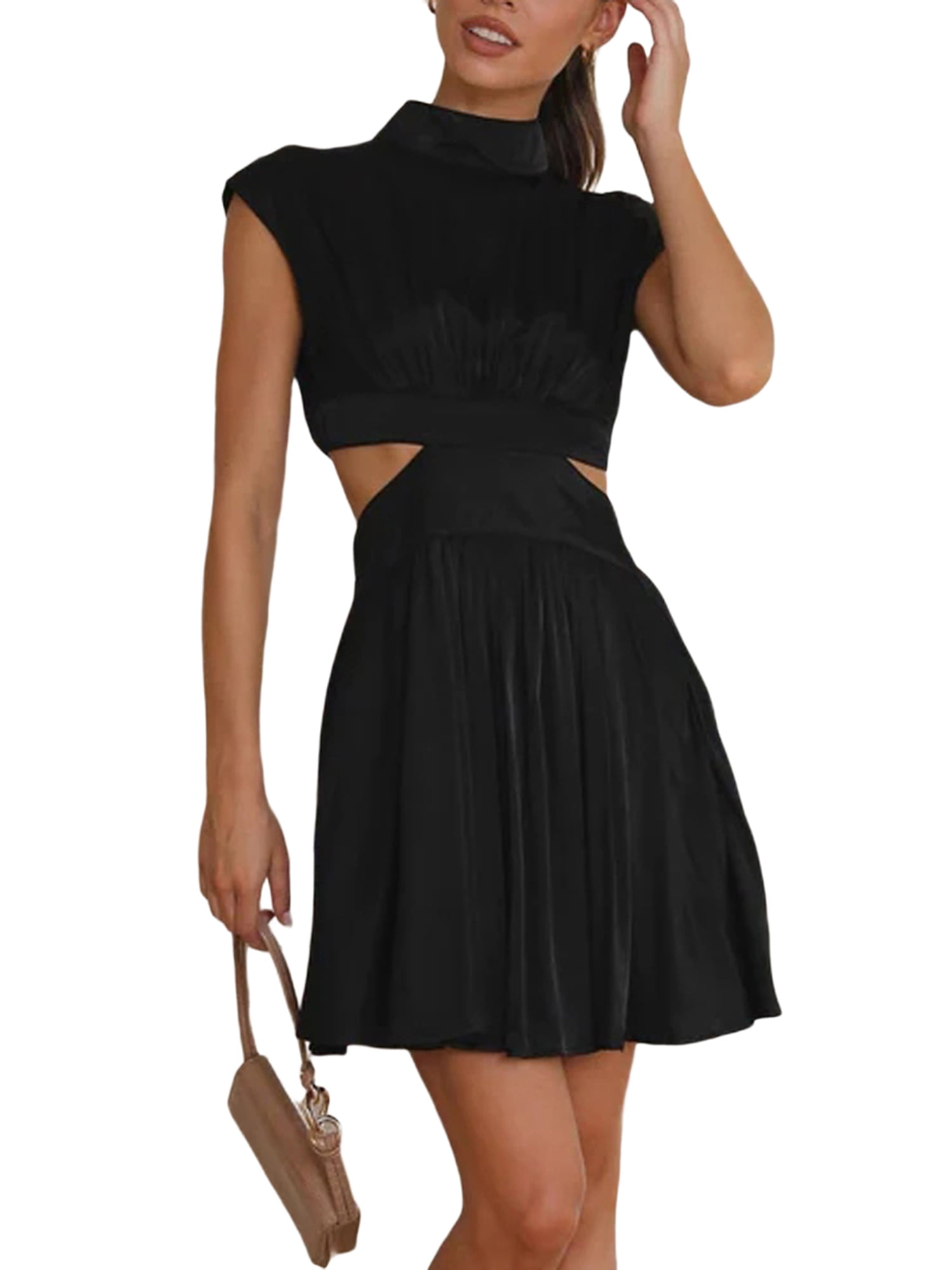 Caoirhny Women Summer Casual Dress Stand Collar Solid Color Cutout ...