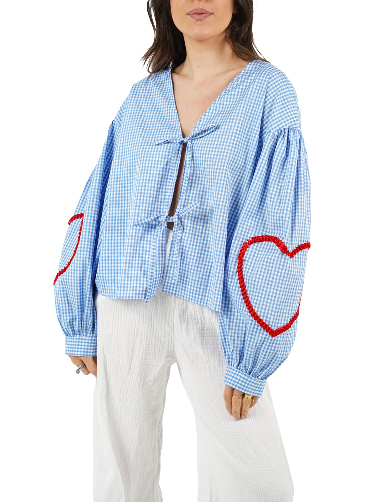 Caoirhny Women's Plaid Tops Loose Heart Trim V Neck Long Sleeve Open ...