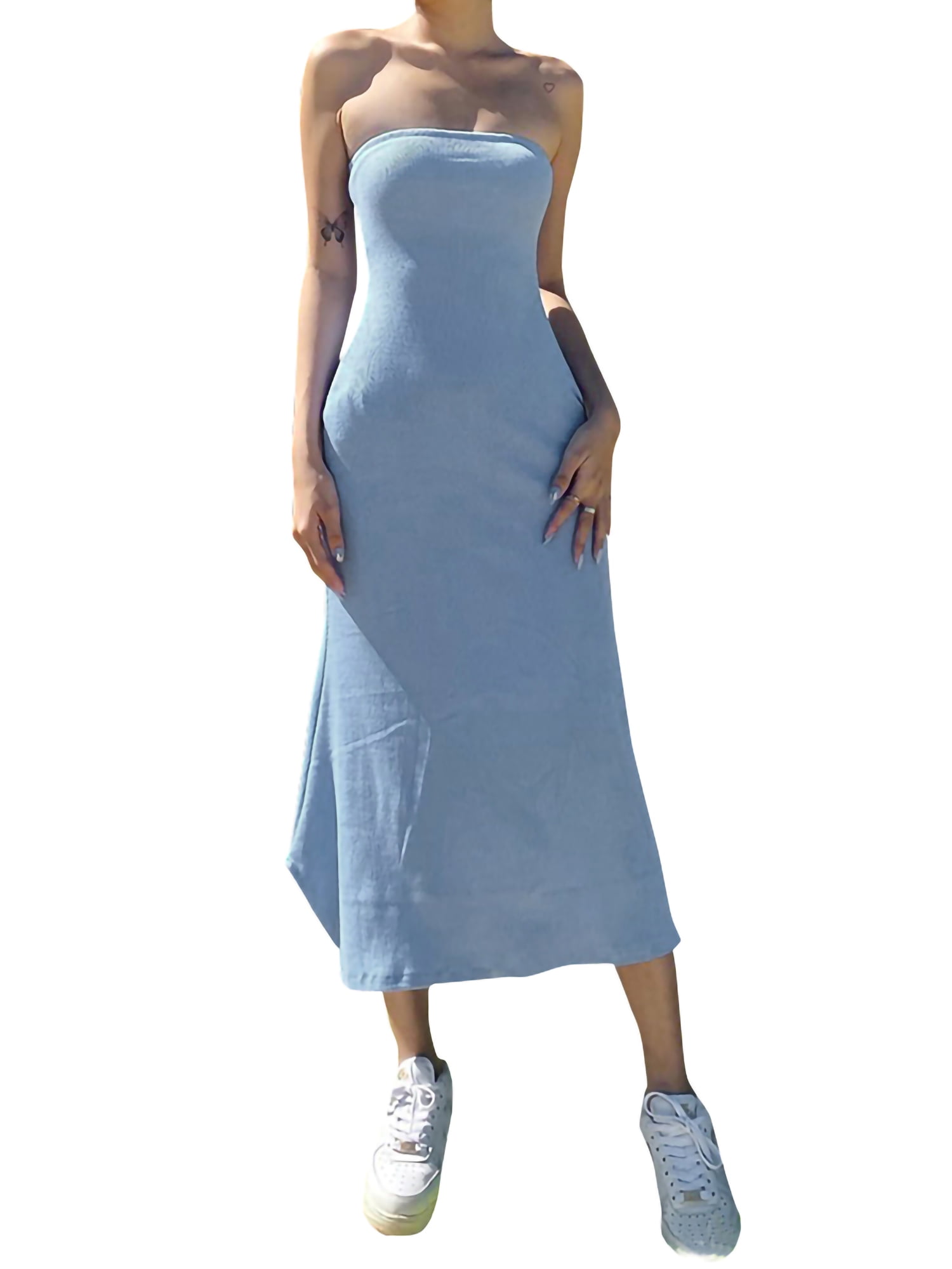 Caoirhny Women's Summer Tube Dress, Elegant Strapless Solid Color Slim ...