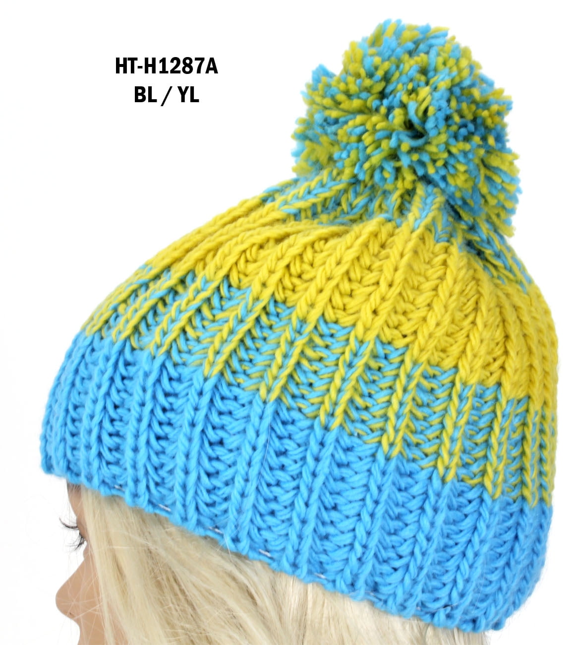 Cap – Multi Colors Knitted Beanie W/Pom Pom – Blue/Yellow – Color ...