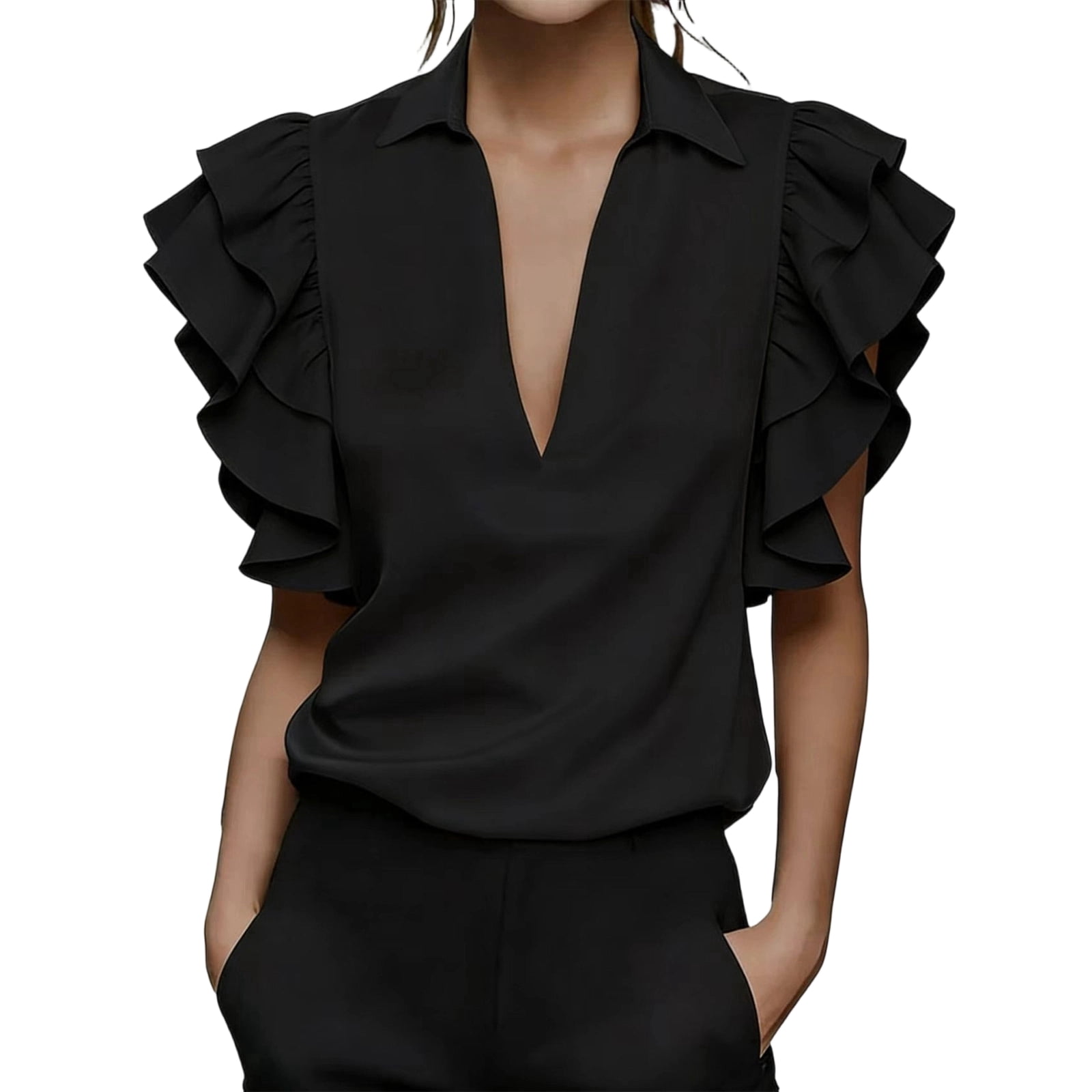 Cap Short Sleeve Shirts For Women New Elegant Collar Deep V Neck Tank ...