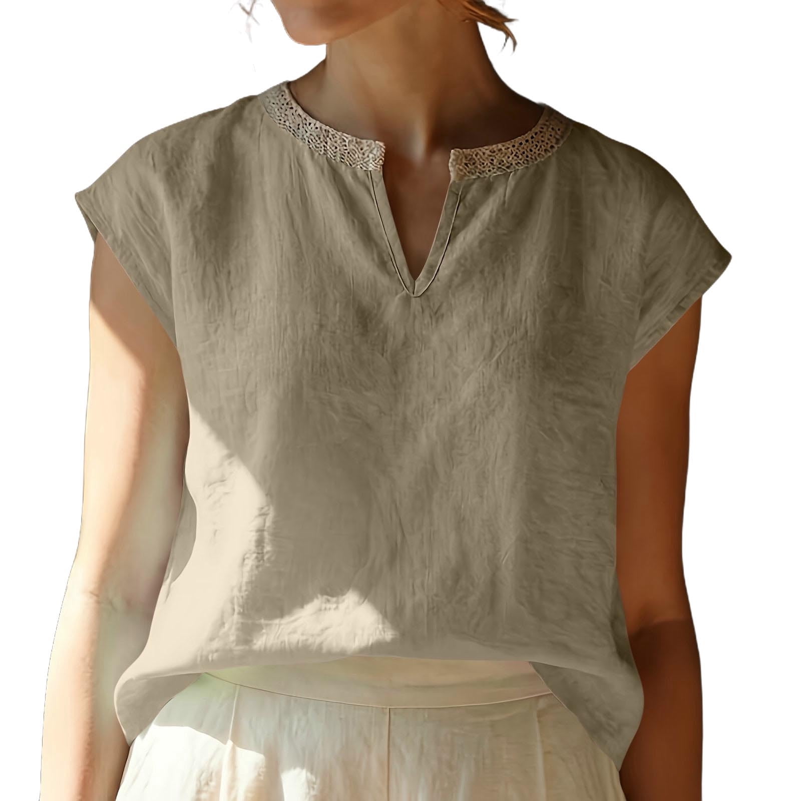 Cap Sleeve Top for Women Lace Trim V-Neck Blouse Solid Color Crinkle ...