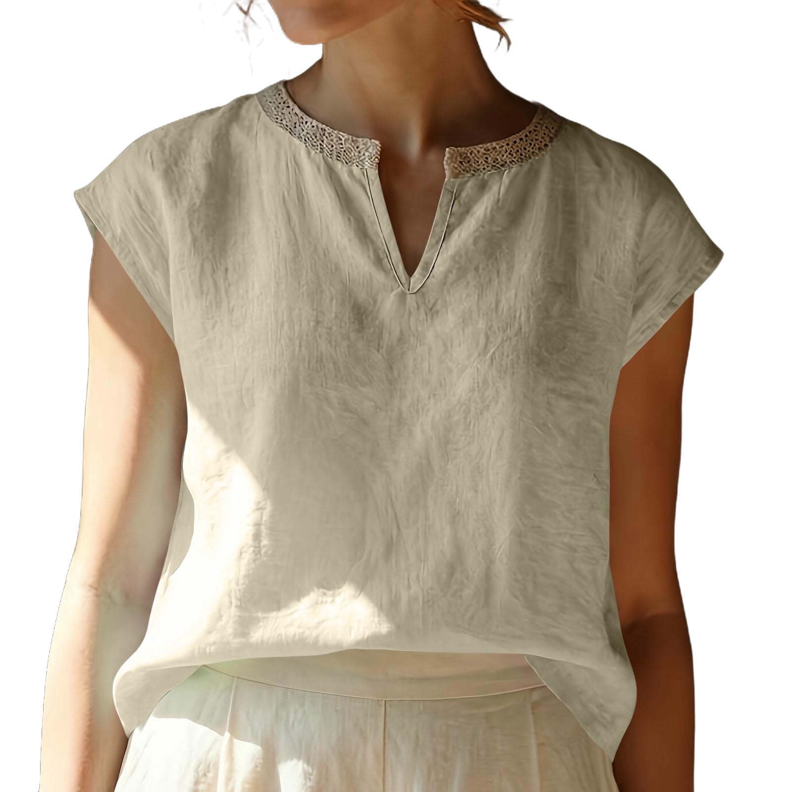 Cap Sleeve Top for Women Lace Trim V-Neck Blouse Solid Color Crinkle ...