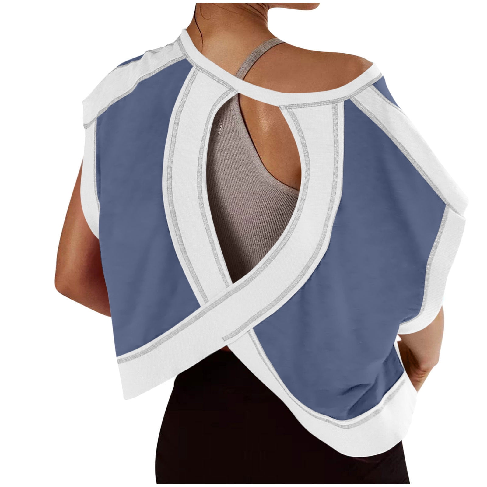 Cap Sleeve Workout Tops for Women Color Block Oversize T Shirt Hollow ...