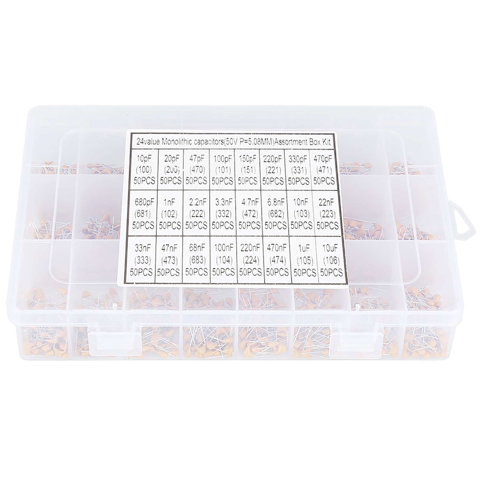 Capacitors-1200pcs 24 Values 50V 10pF-10uF Monolithic Ceramic Capacitor ...