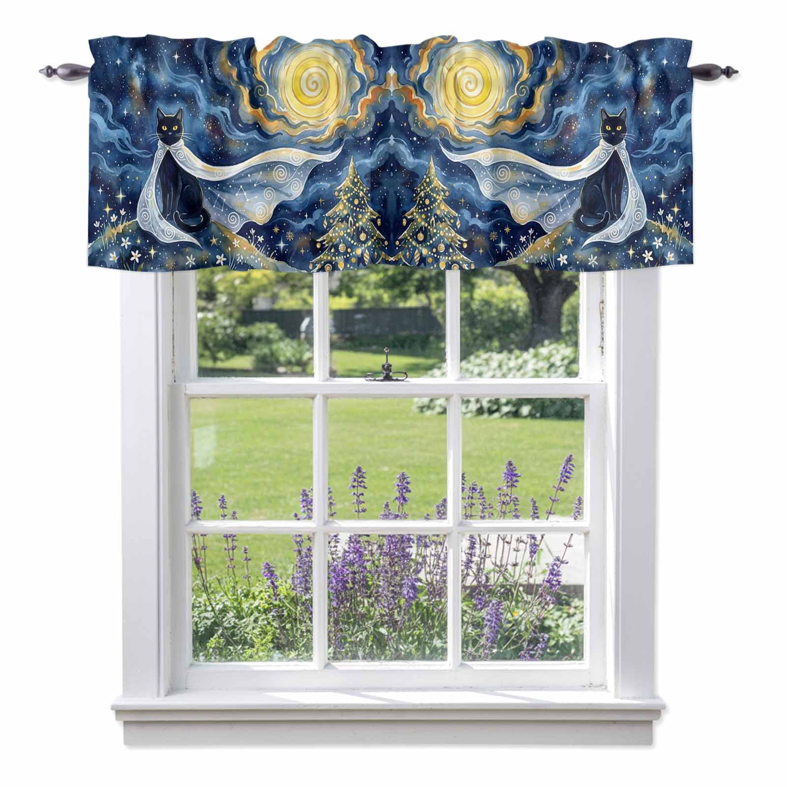 Cape Black Cat Valances for Windows Abstract Dreamy Starry Night Golden ...