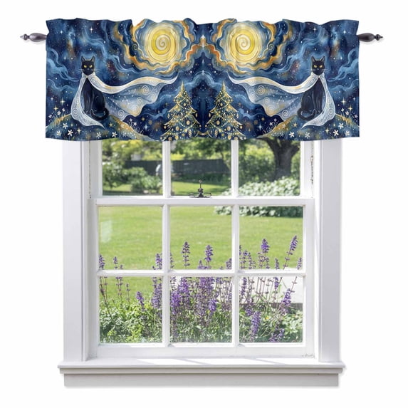 Cape Black Cat Valances for Windows Abstract Dreamy Starry Night Golden ...