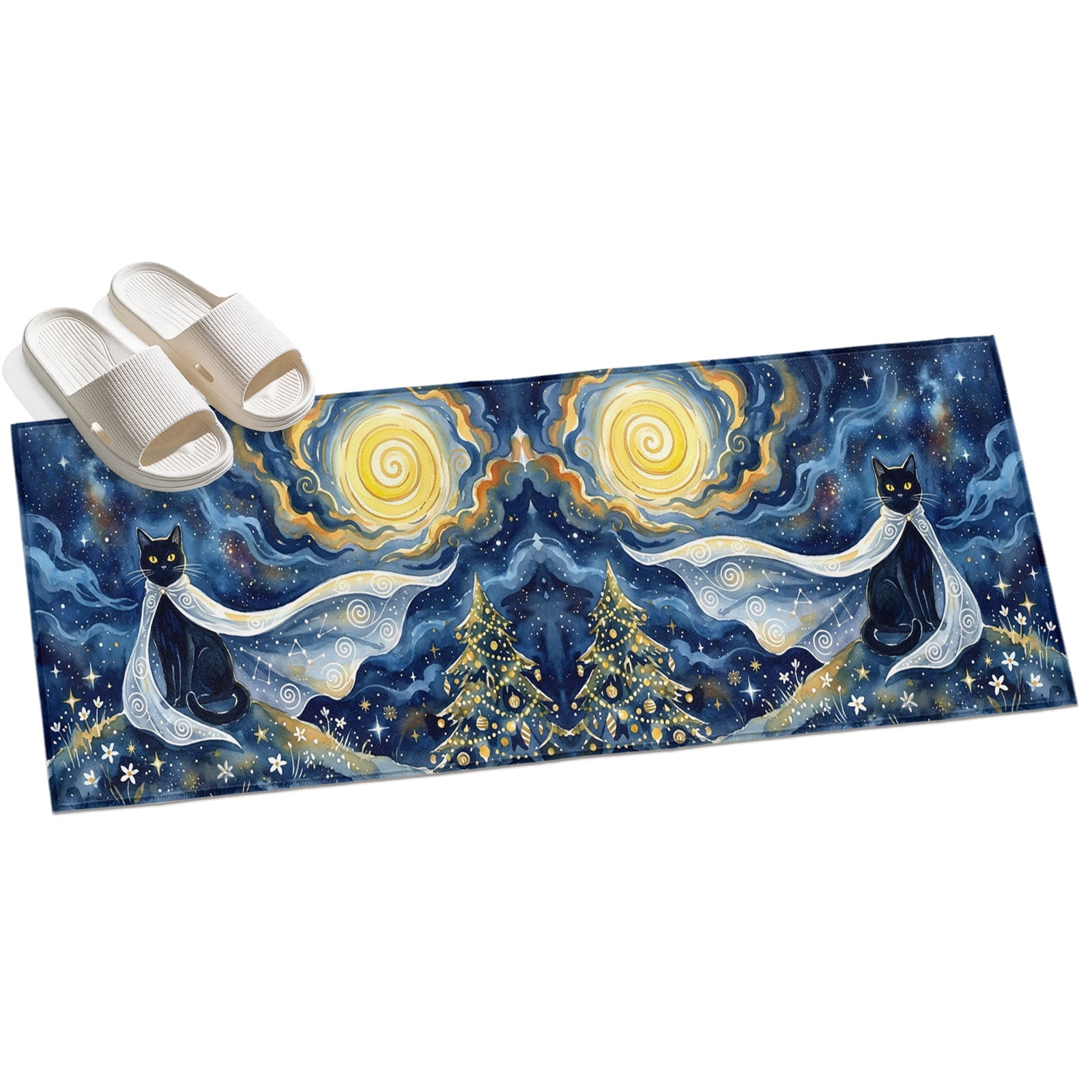 Cape Black Cat Washable Area Rug 2 x 6 ft Abstract Dreamy Starry Night ...