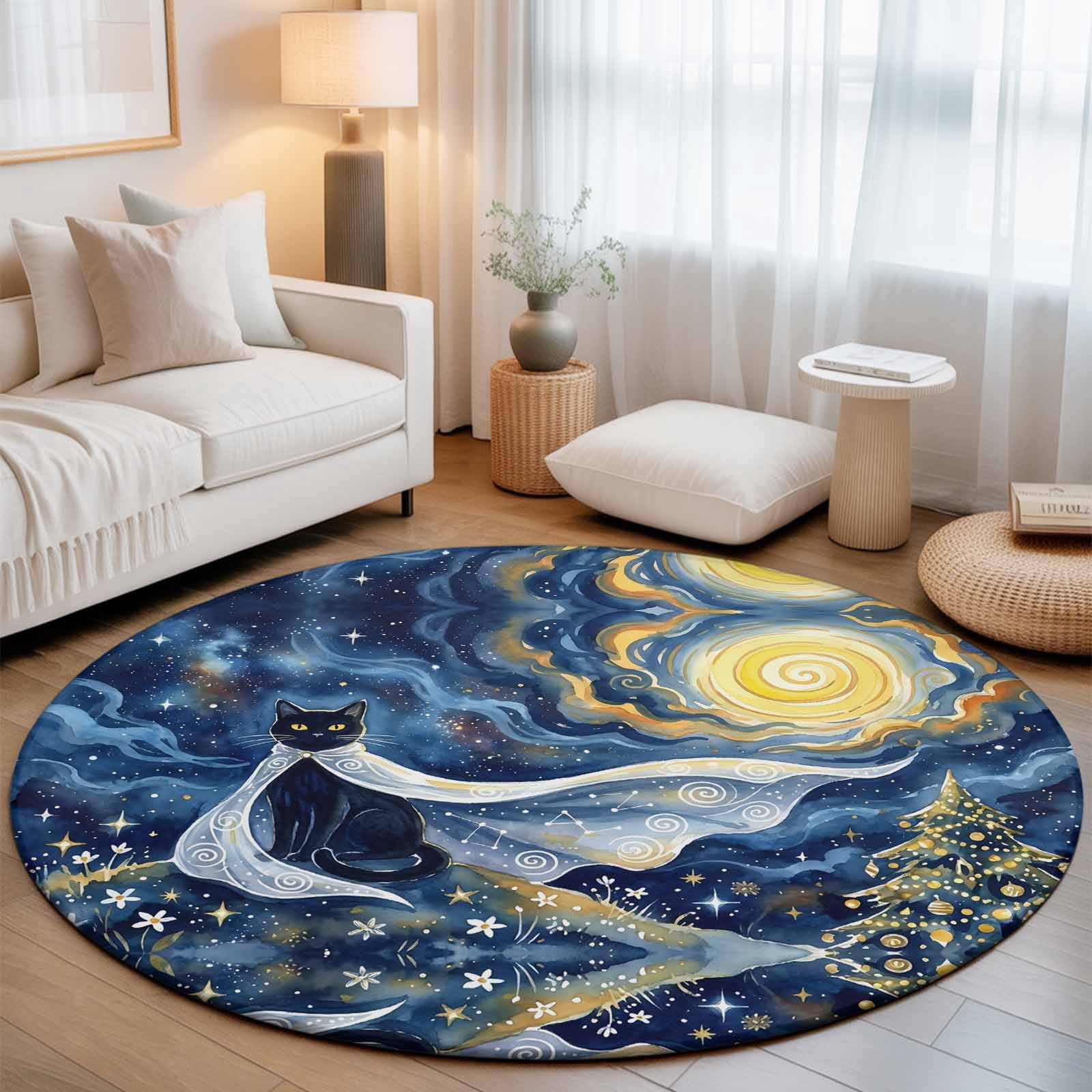 Cape Black Cat Washable Round Area Rug 7 ft, Abstract Dreamy Starry ...