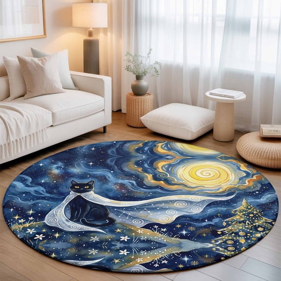Cape Black Cat Washable Round Area Rug 7 ft, Abstract Dreamy Starry ...