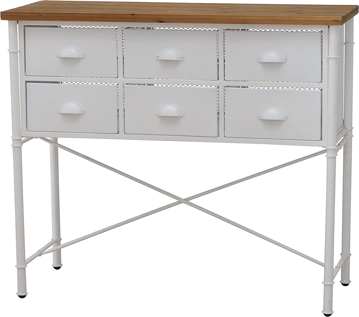 Cape Cod 6 Drawer Console Table, Solid Wood Top, White Iron, Metal Mesh ...