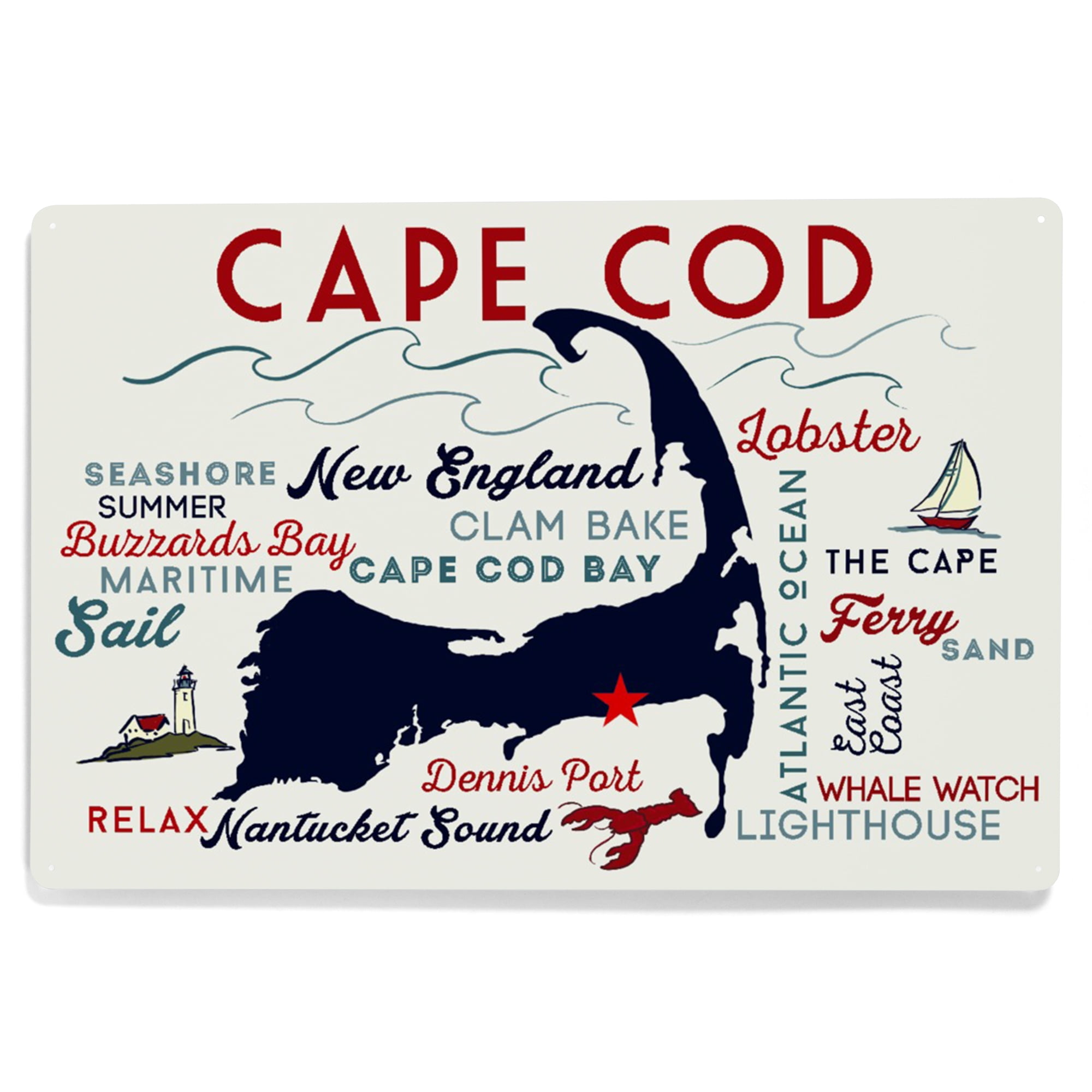 Cape Cod, Massachusetts, Dennis Port, Typography and Icons (12x18 ...