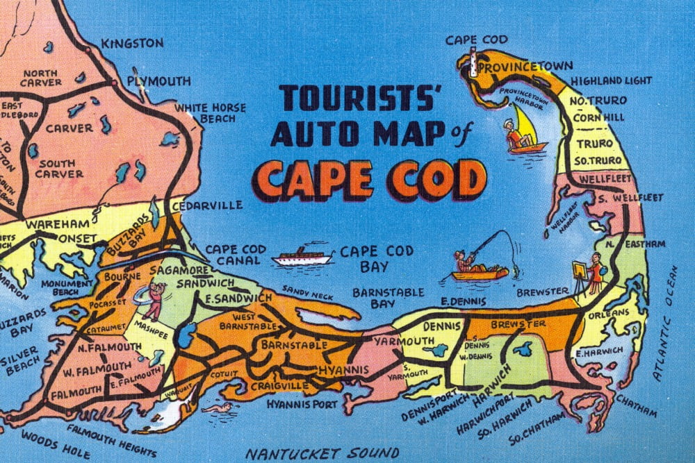 Cape Cod, Massachusetts, Detailed Auto Map of Cape Cod, (1952), Vintage ...