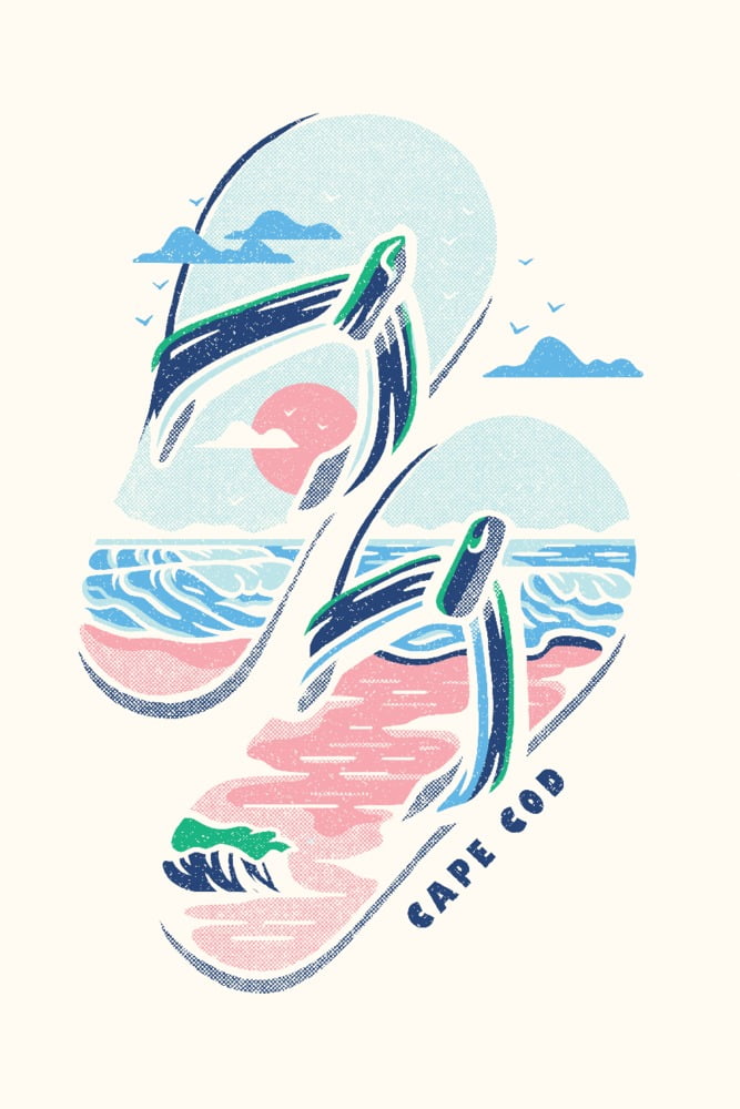 Cape Cod, Massachusetts, Flip Flops Beach Scene, Distressed Vector ...