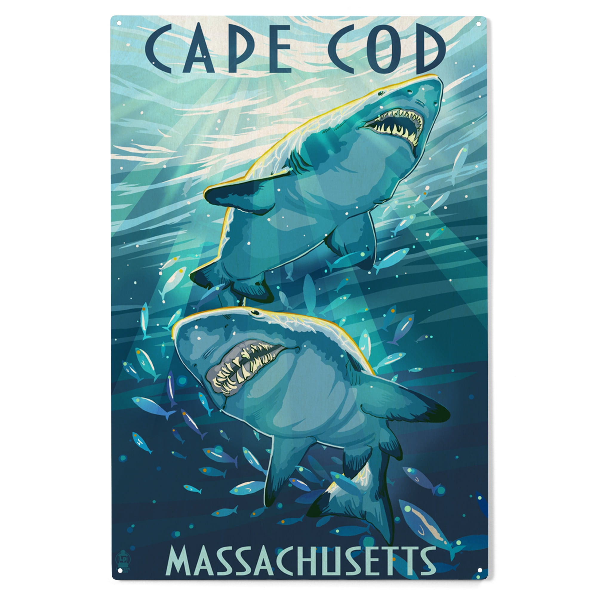 Cape Cod, Massachusetts, Great White Sharks Birch Wood Wall Sign (10x15 ...