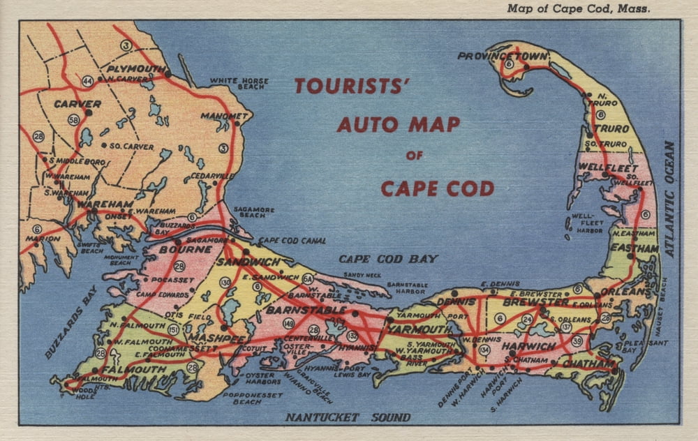 Cape Cod, Massachusetts, Tourists' Auto Map of Cape Cod, Vintage Map ...