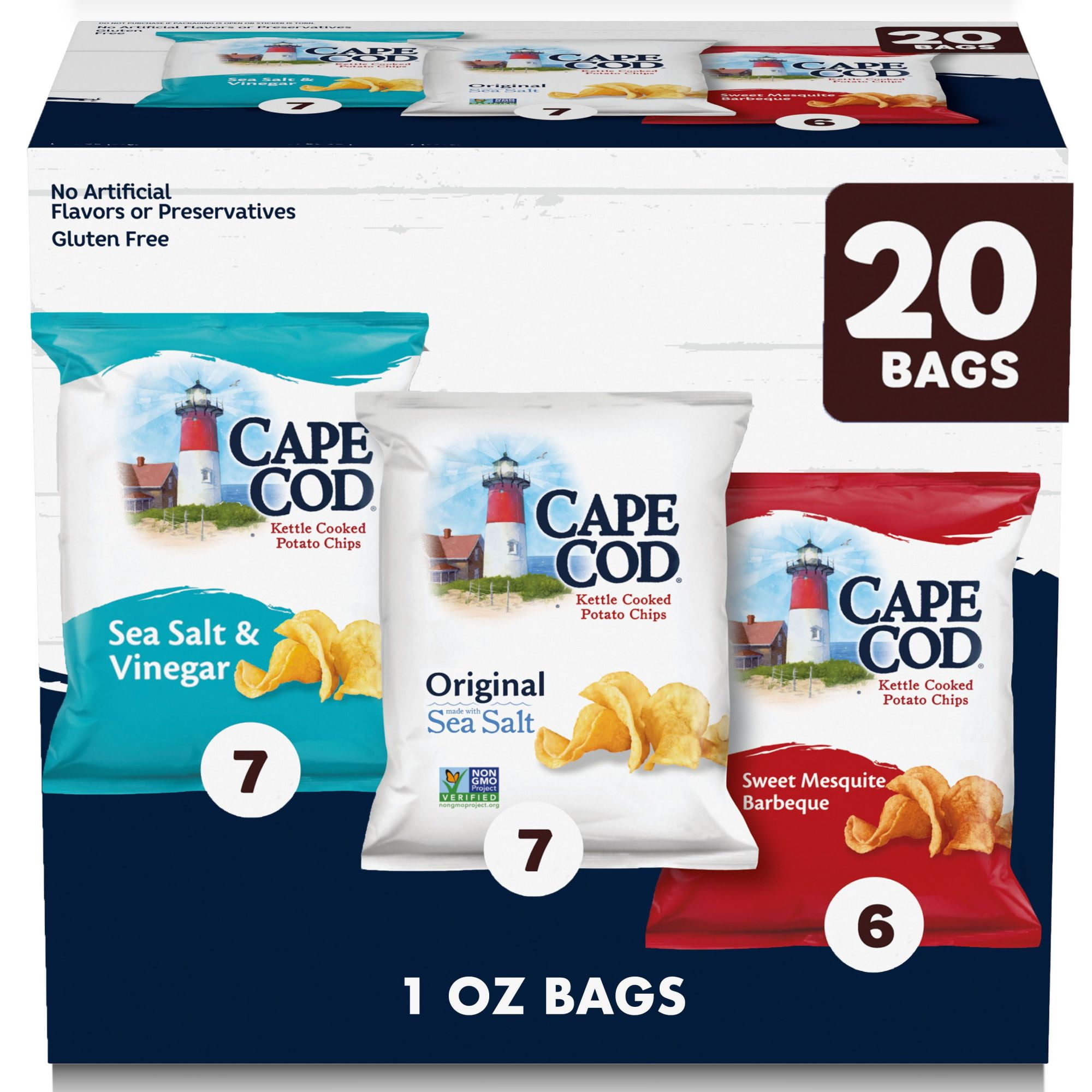 Cape Cod Variety Pack, Kettle-Cooked Chips, Sea Salt, Vinegar, BBQ, 20 ...